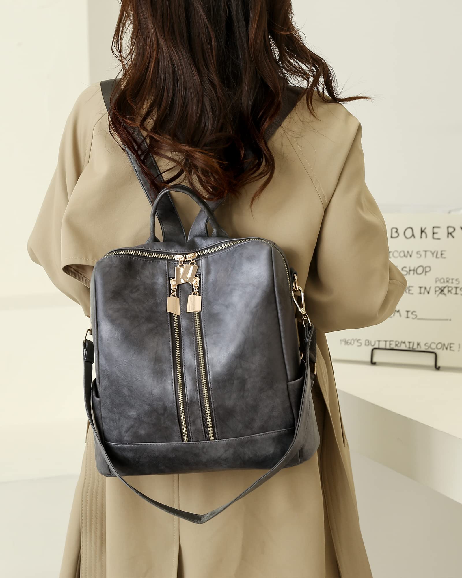 Women Fashion Backpack Purse,Leather Multipurpose Design Rucksack,Convertible Shoulder Bag Handbag with Wristlet (Grey1)