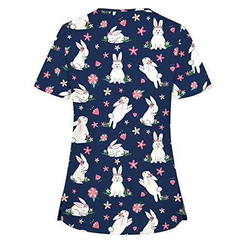 P-53 Navy Vneck Tops for Women Summer Fall Short Sleeve Work Scrub Happy Gift Easter Uniform Top T Shirt Blouse Women 2024 Clothing Y2K 49 M