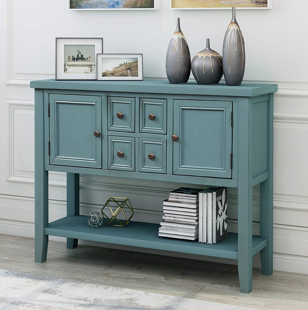 Rhomtree Console Table Sideboard Buffet Storage Cabinet Home Furniture for Entryway Hallway with Bottle Shelf (Dark Blue)