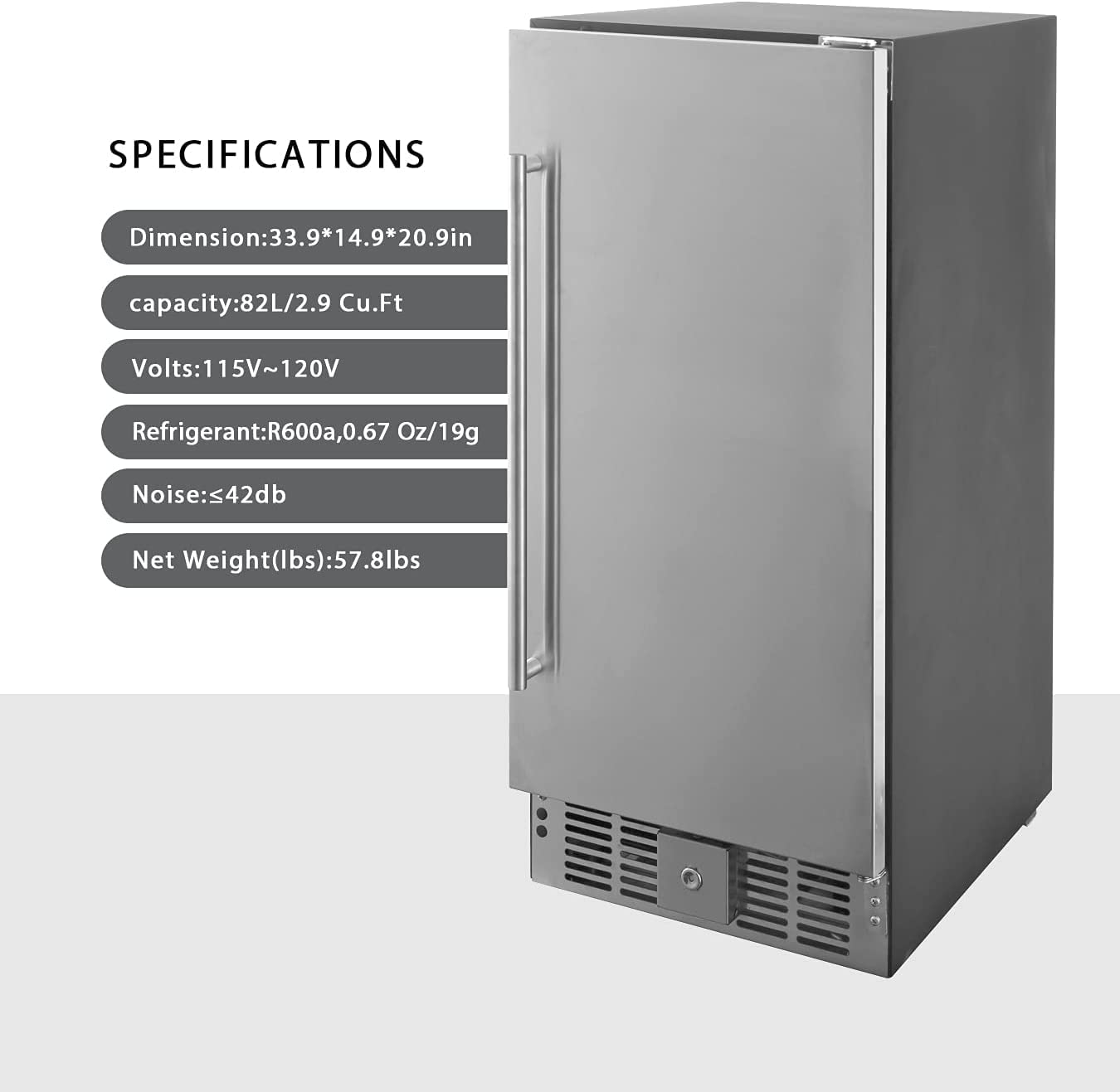 WATOOR 15 Inch Built-in Fridge Stainless Steel Beverage Cooler Under Counter Refrigerator with 36-61°F Temperature Range - Soda and Beer Refrigerator