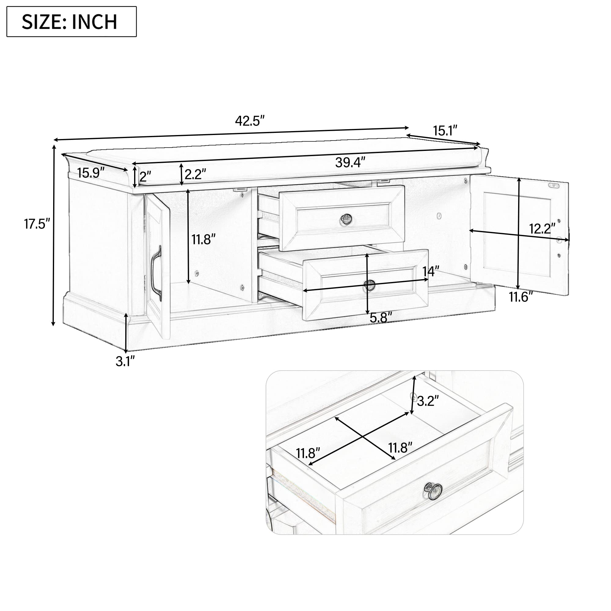 Shoe Bench Entryway with Storage, Entryway Bench with Removable Cushion, Solid Wood Storage Bench with 2 Drawers and 2 Cabinets for Living Room, Hallway, Closet, 42.5"L x 15.9"W x 17.5"H,White