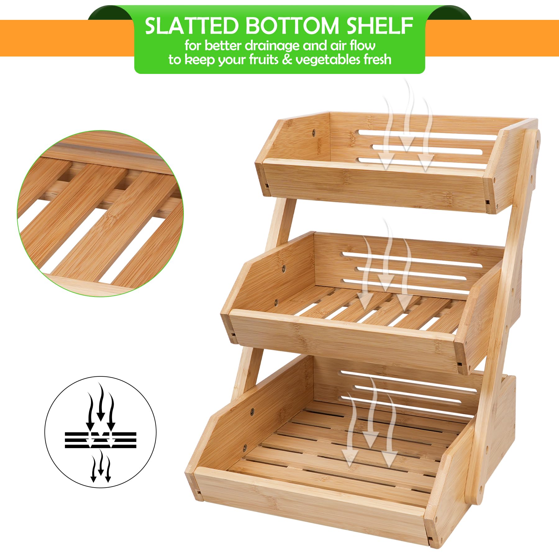 Purbambo 3-Tier Bamboo Fruit Basket for Kitchen Counter, Large Capacity Fruits Storage Rack Vegetables Bowl Stand Holder