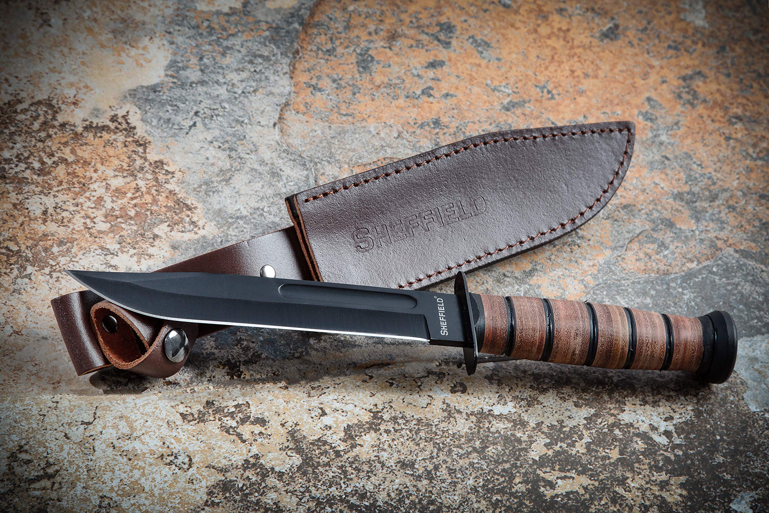 Sheffield 12693 Military Gear Fixed Blade Knife, 7 Inch Clip Point Full Tang Knife, 5 Inch Stacked Leather Handle, Fixed Blade Knife with Sheath
