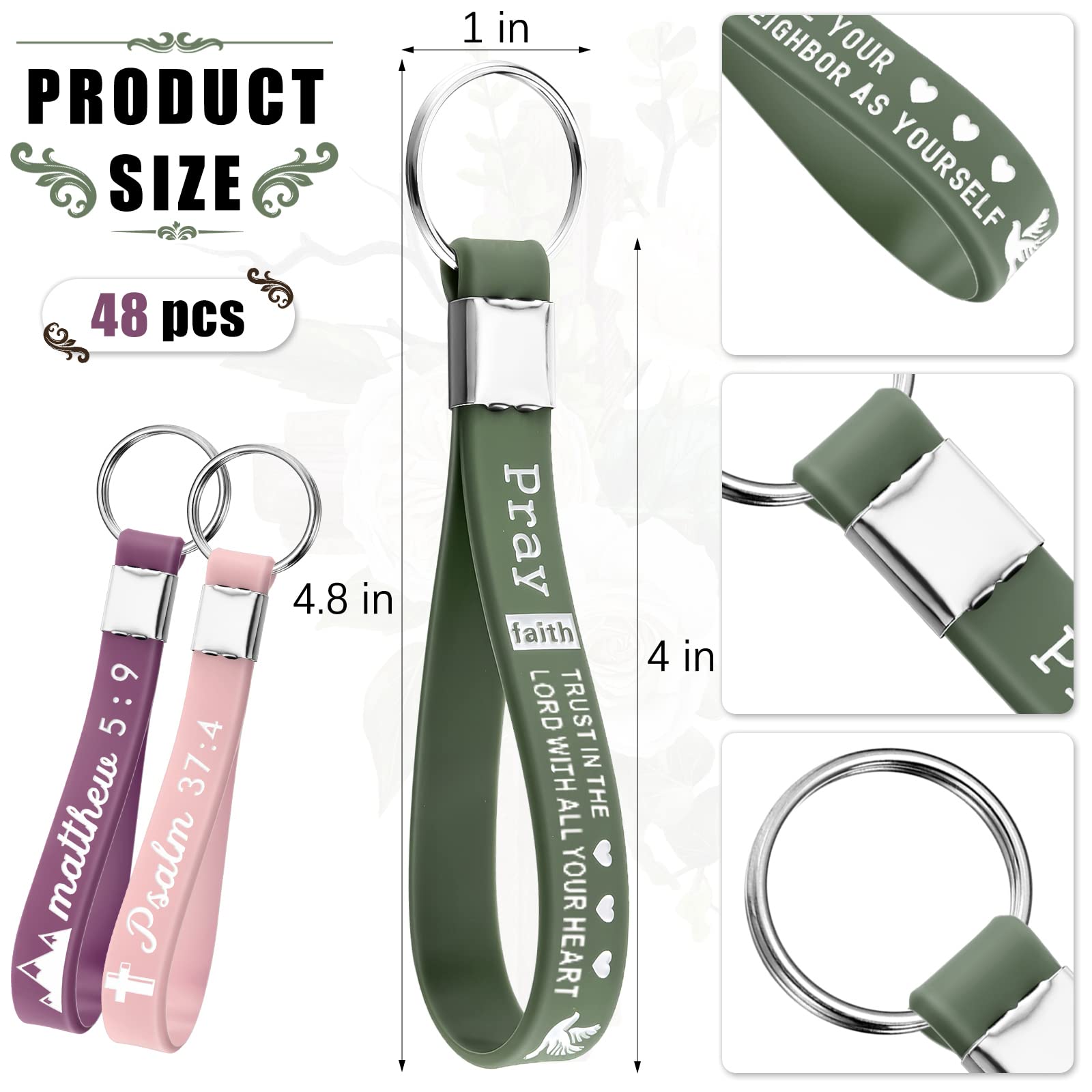 Sureio 48 Pcs Christian Bible Verse Keychains Religious Gifts for Father Christian Silicone Inspirational Bible Keychain(Black)