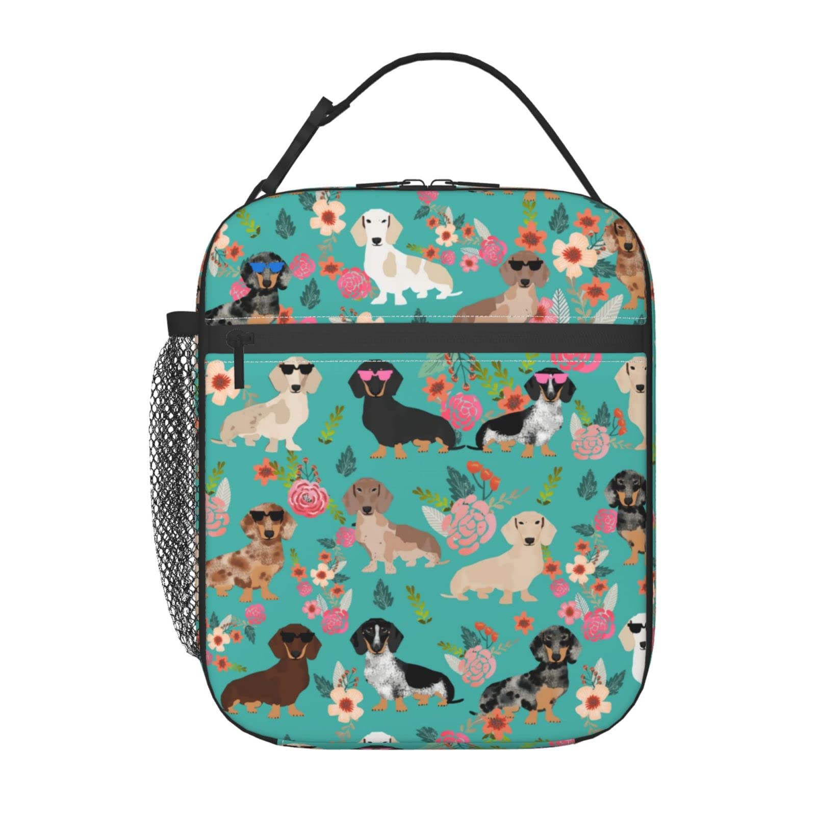 wzialfpo Dachshund Dog Flowers Florals Lunch Box Insulated Lunch Bags Zipper Lunch Bag Cooler Tote Bag For Boys Girls Teens Men Women Office Picnic Travel