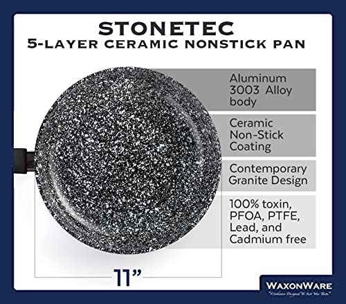 WaxonWare 11 Inch Ceramic Nonstick Frying Pan/Nonstick Skillet, Large Anti-Warp Non-Toxic PTFE PFOA Free Granite Nonstick Pan, Induction Cooking Compatible, Non-Stick Egg Frying Pan- STONETEC Series