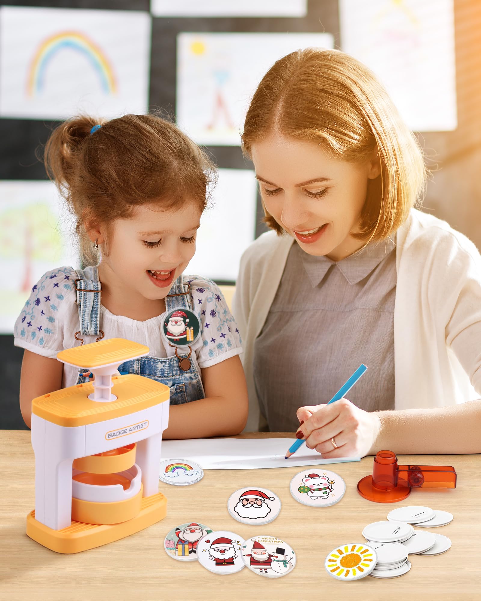 OFUN Button Maker Machine, DIY Pin Badge Button Maker Press Machine Badge Punch Press with 48pcs Button Parts & Cute Stickers & Circle Cutter,Installation-Free,Yellow