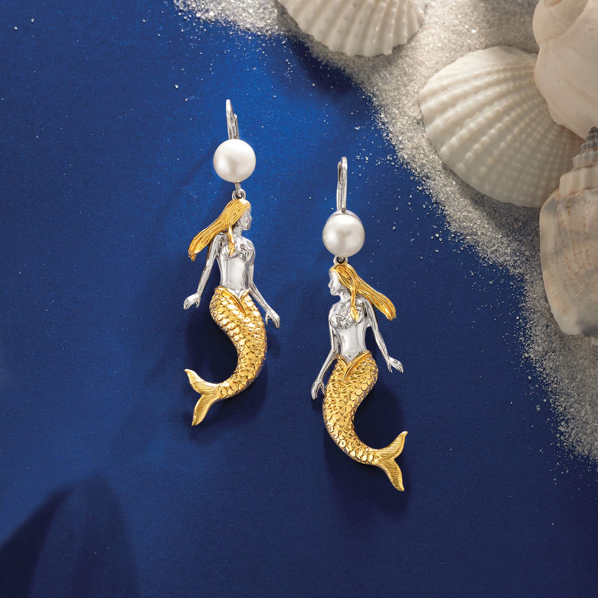 Ross-Simons 6.5-7mm Cultured Pearl Mermaid Drop Earrings in Sterling Silver and 18kt Gold Over Sterling
