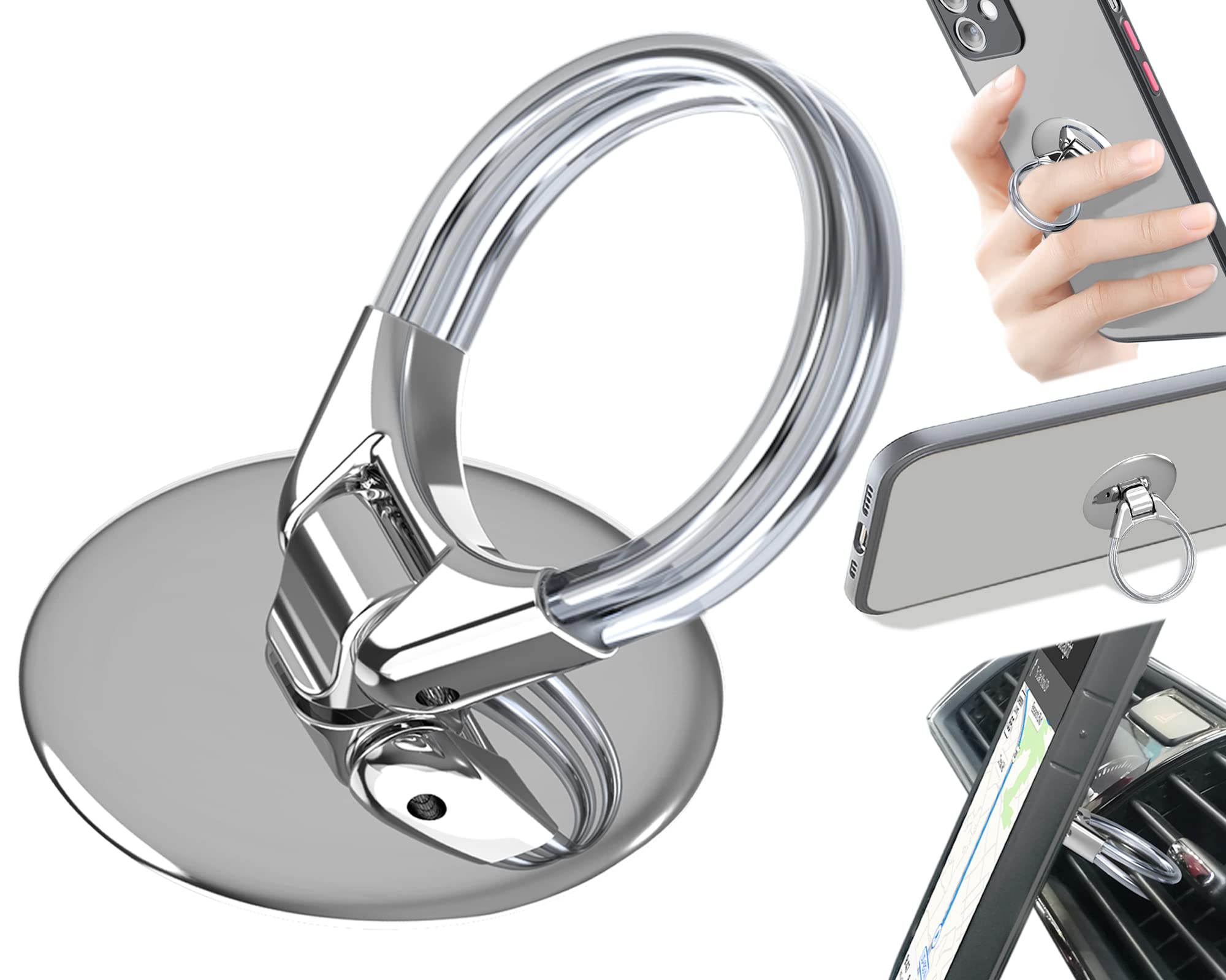 Phone Ring Holder Finger Kickstand [4 in 1]-Phone Ring Grip,360° Rotation Phone Kickstand,CD Slot & Air Vent Car Phone Mount(Silver)