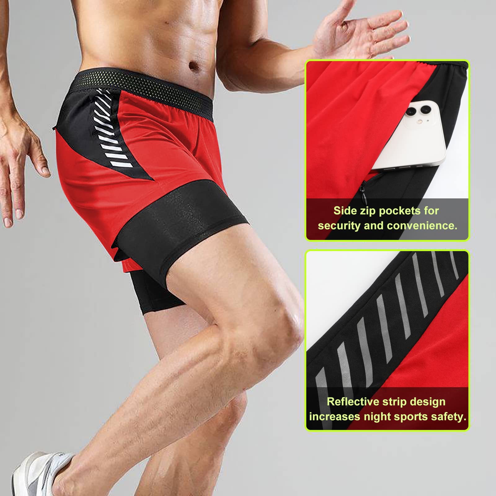 Surenow Men's 2 in 1 Running Shorts, 5" Workout Breathable Shorts, Quick Dry Gym Training Jogging Short with Phone Pocket Red