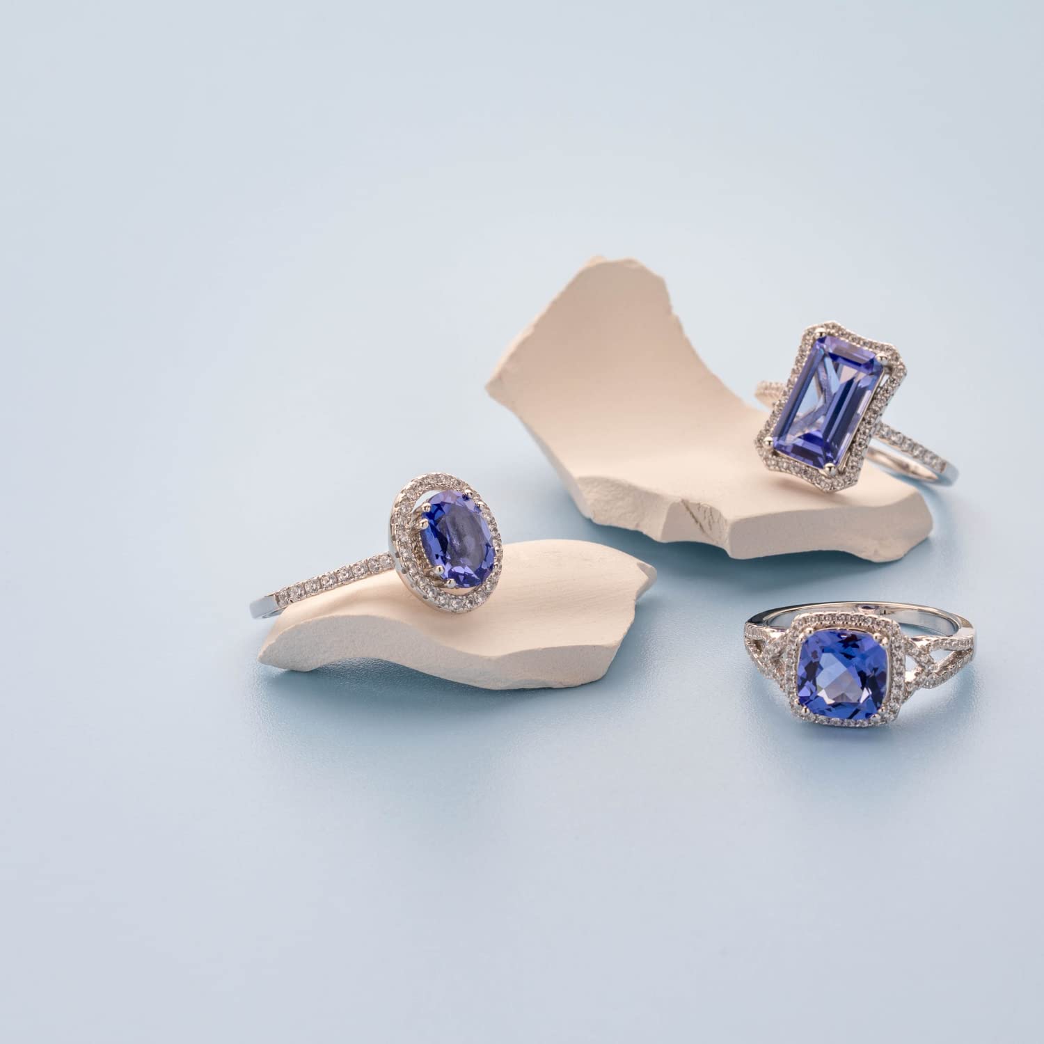 PEORA Genuine Tanzanite Ring for Women 925 Sterling Silver, Gemstone Halo Solitaire, 0.50 Carat Round Shape 5mm, Size 7