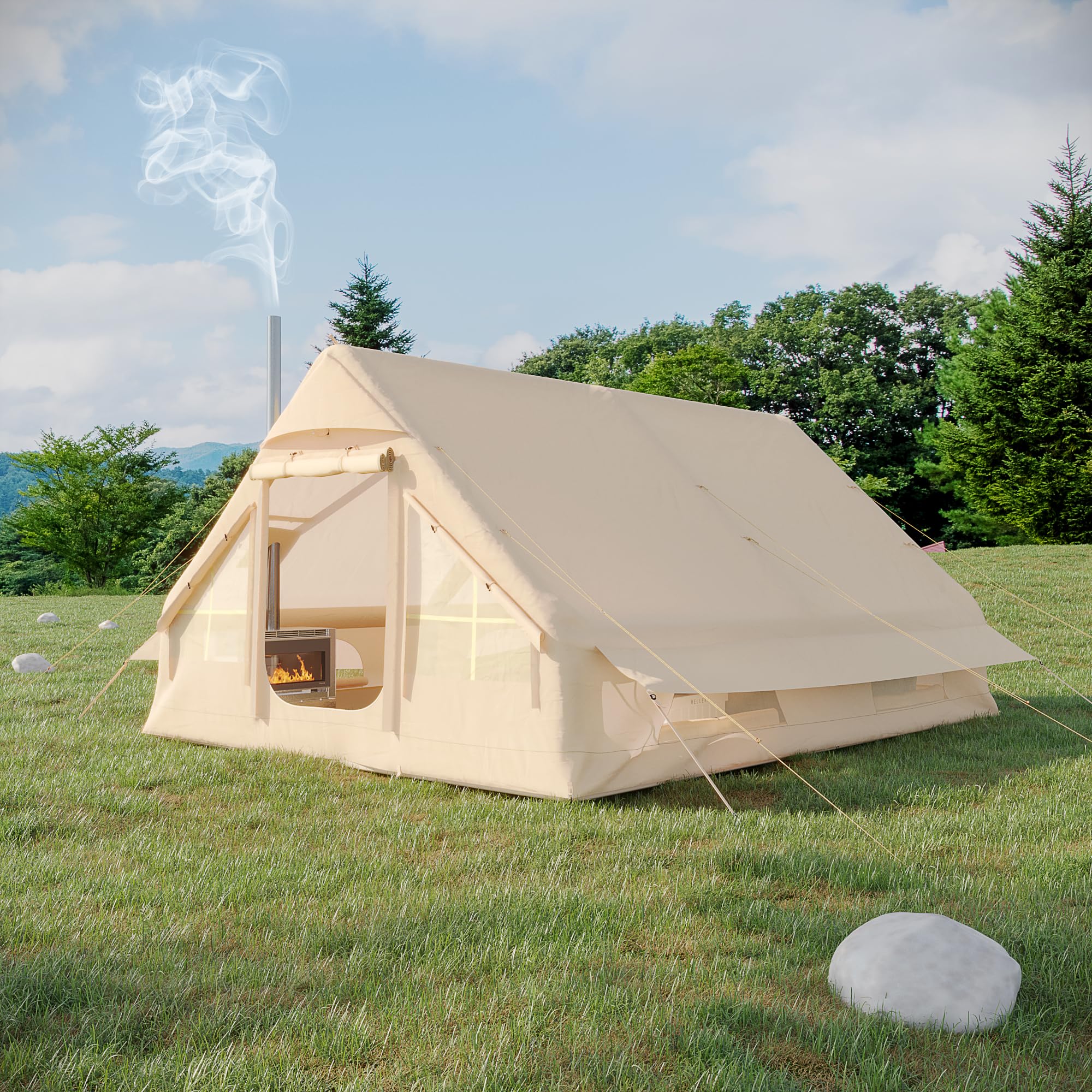 YOLENY Extra Large Inflatable Camping Tent, Glamping Tents Easy Setup 4 Season Windproof Outdoor Cotton Tent with Stove Jack & Mesh Windows & Pump