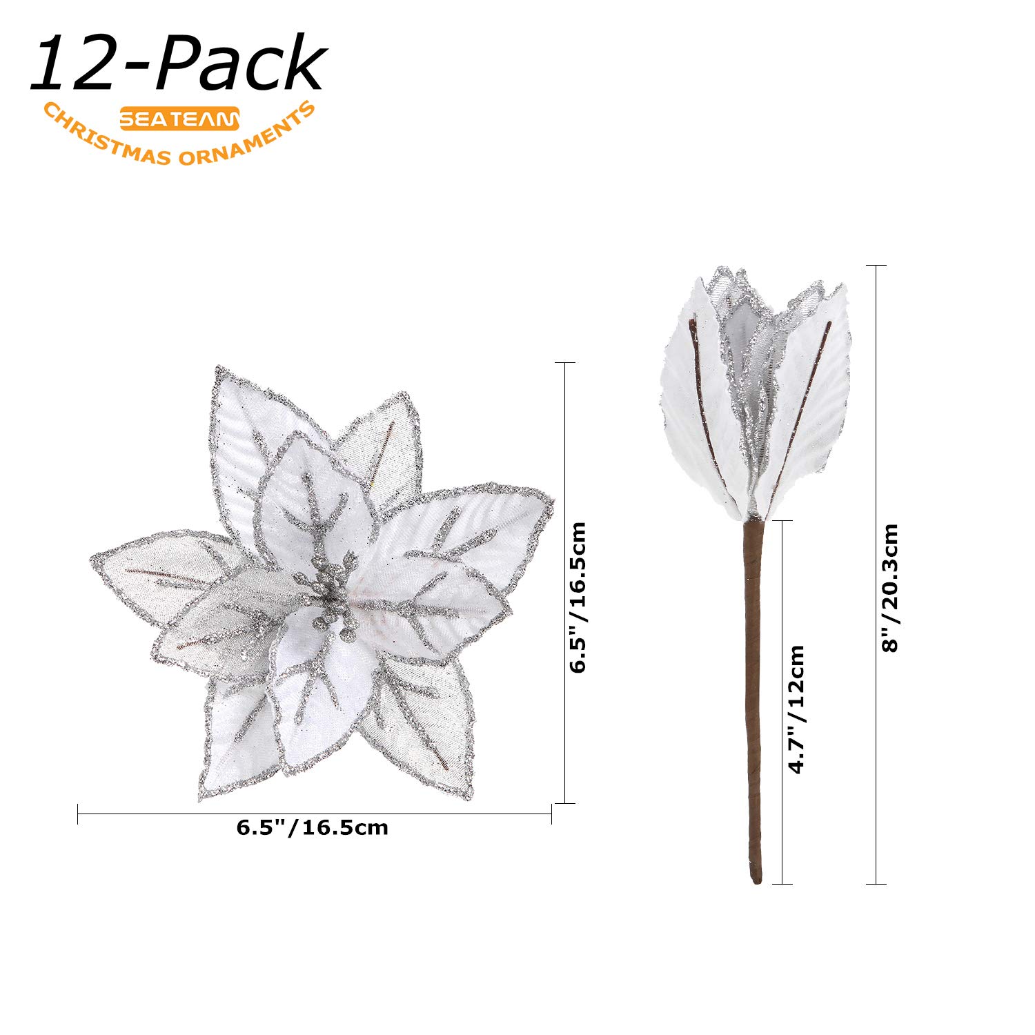 Sea Team 12-Pack Artificial Glitter Poinsettia Christmas Flower Ornaments Tree Decorations, 6.5-inch, Silver