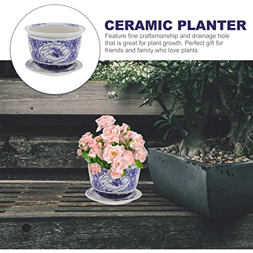 Yardwe Blue and White Planter Ceramic Planter Ceramic Flower Pots with Drainage Hole Plant Pots with Saucer Tray Plants Container for Bonsai Plants Flower Aloe Small Succulent Pots