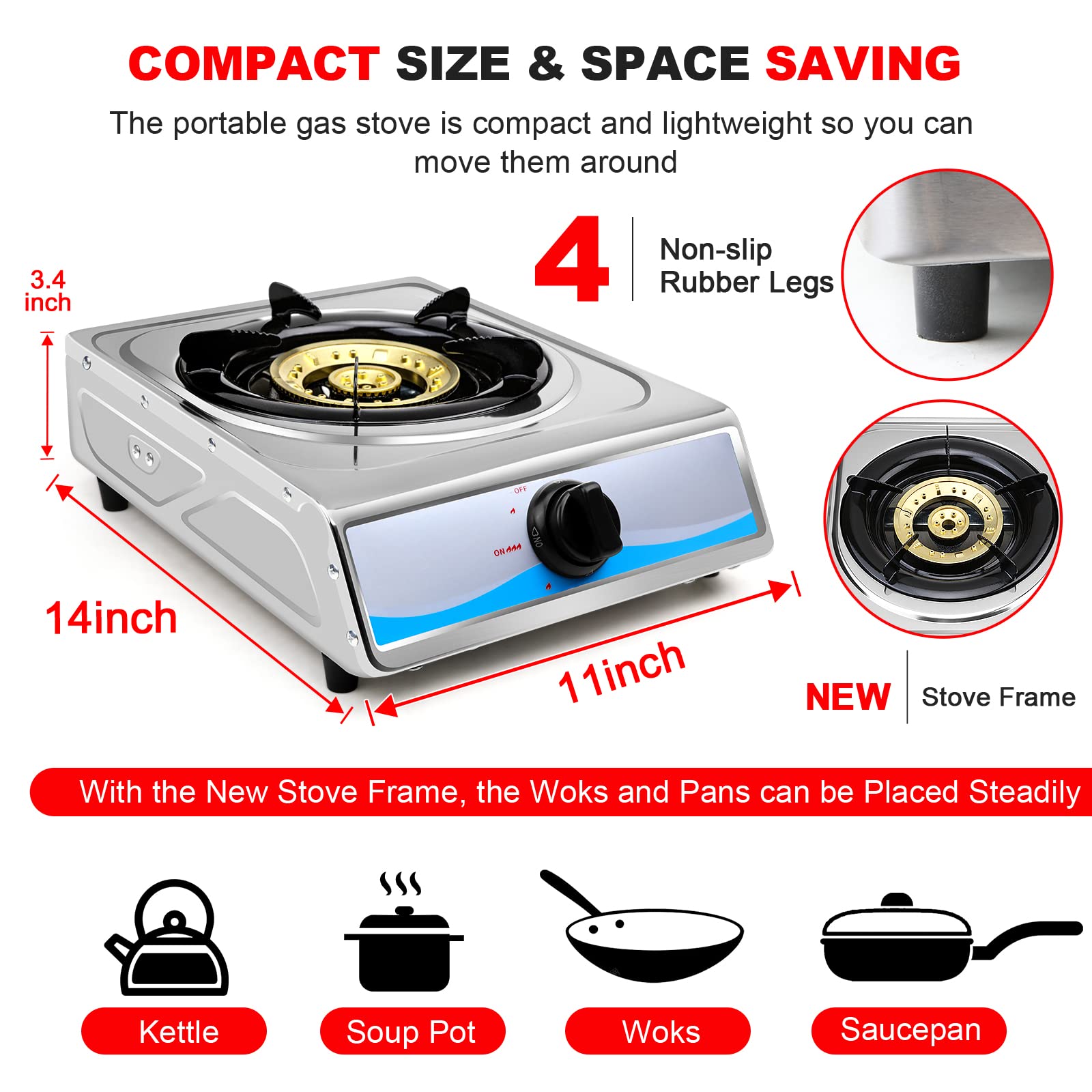 Propane Gas Cooktop,Single Burner Gas Stove Stainless Steel Portable Gas Stove,Auto Ignition Camping Single Burner LPGfor RV, Apartments, Outdoor