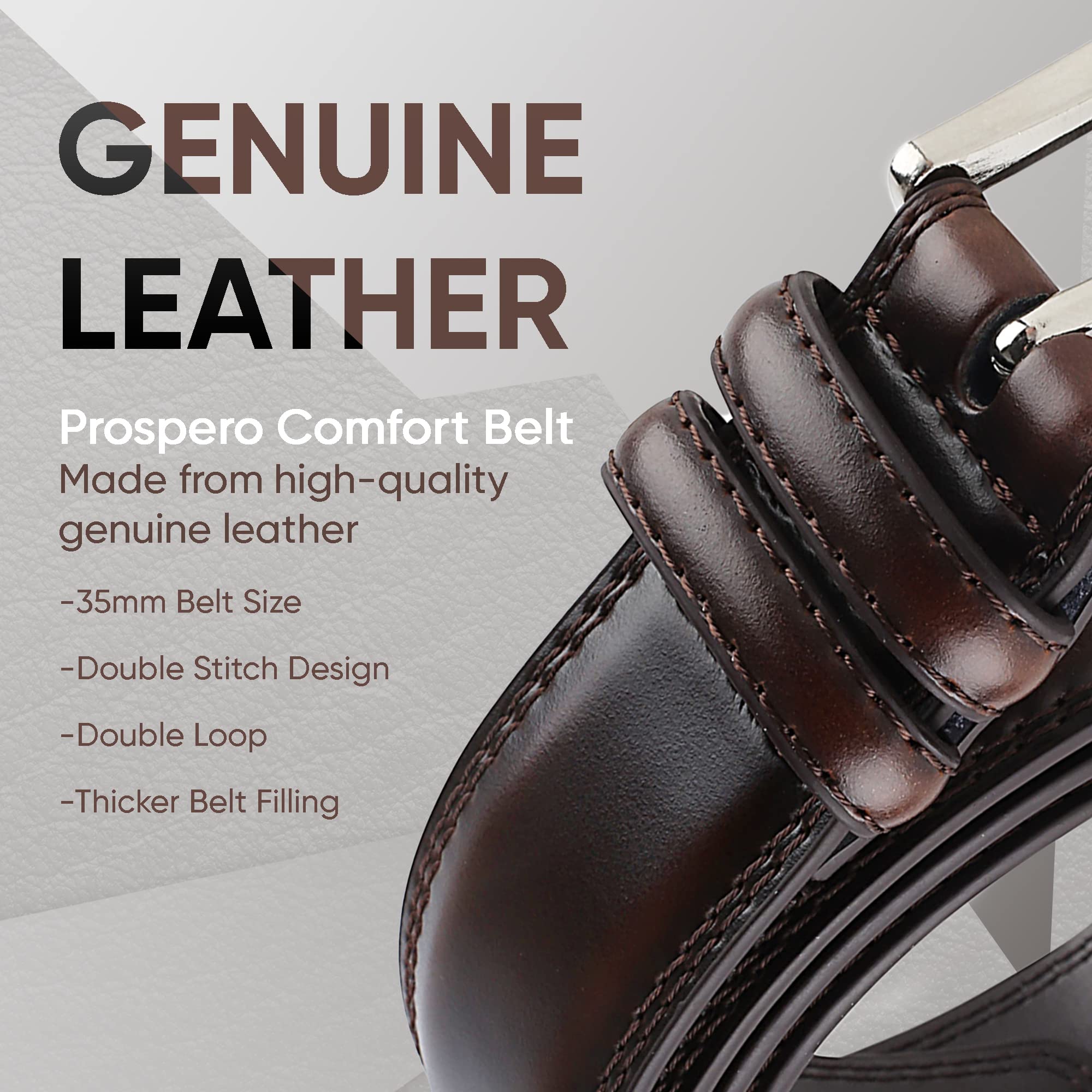 Prospero Comfort Men's Classic Dress Belt ALL Genuine Leather Double Stitch Design 1.35 inches (35mm) Cognac Brown Size 36