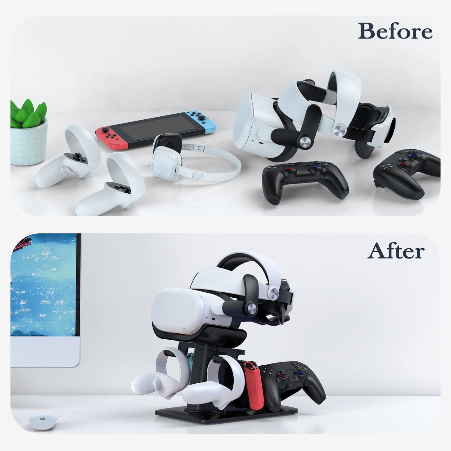 VINDIJA Design VR Stand, Multifunction VR Headset Stand for Headset Display Holder and Controller Holder Mount Station for Rift Switch Stand and Touch Controllers (Black)