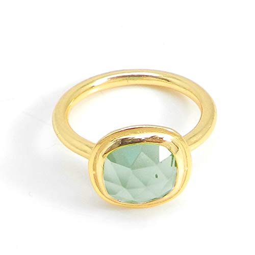 Shilpi Impex Green Amethyst Hydro 8 MM Cushion Rose Cut Gold Plated Brass Handmade Statement Ring (Light Green, 11)