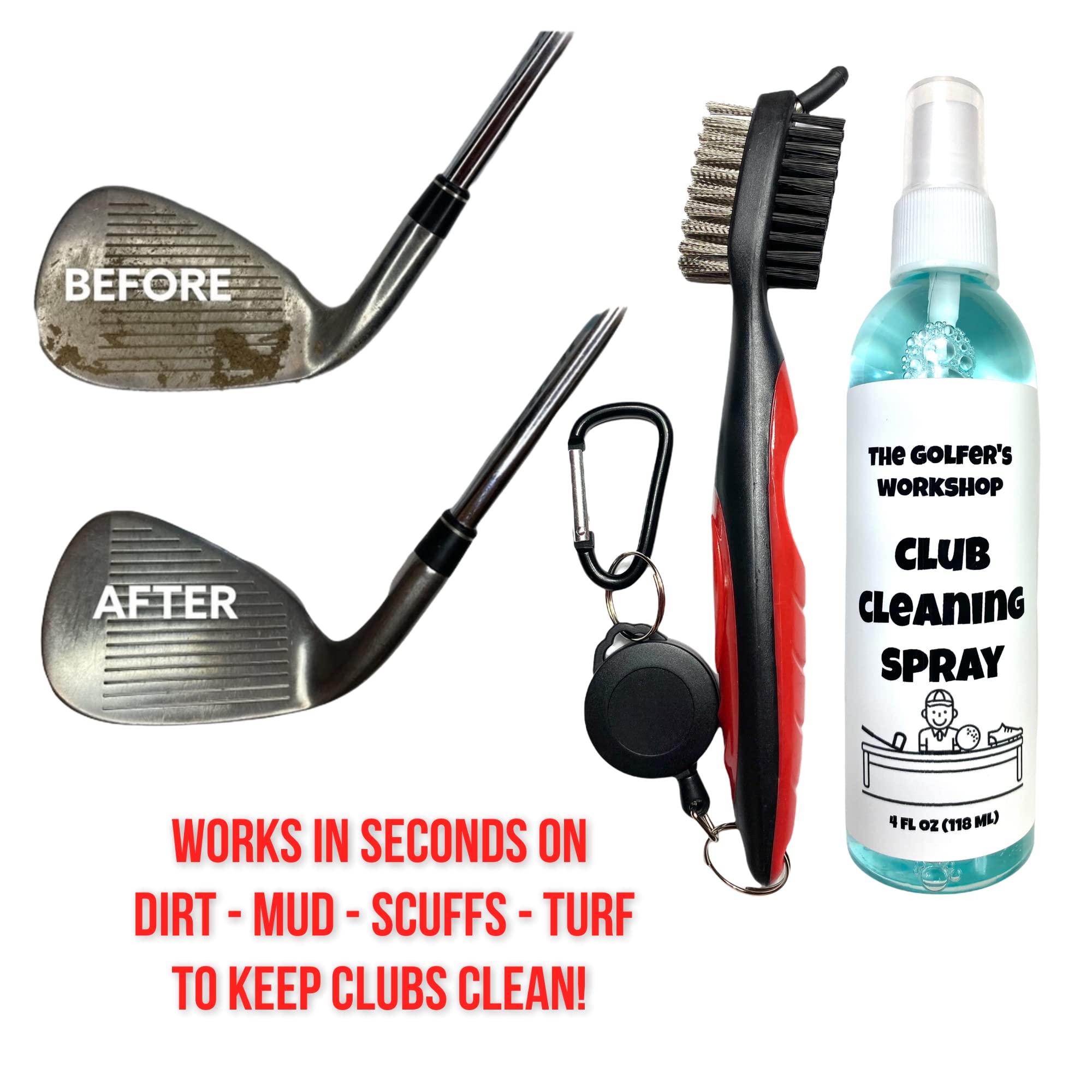 The Golfer's Workshop 4oz Club Cleaning Spray and Golf Club Brush with Groove Cleaner, 2ft Retractable Zip-line, Carabiner Clip (Red)