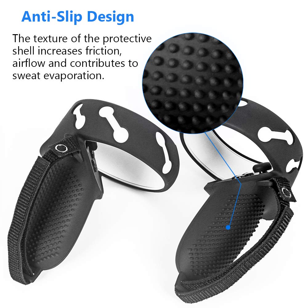 SIMUMU Upgrade Full Cover Silicone Touch Controller Grip Cover & Adjustable Wrist Knuckle Strap for Oculus Quest 2, Upgrade Signal Hole,Unblock Signal (Black)