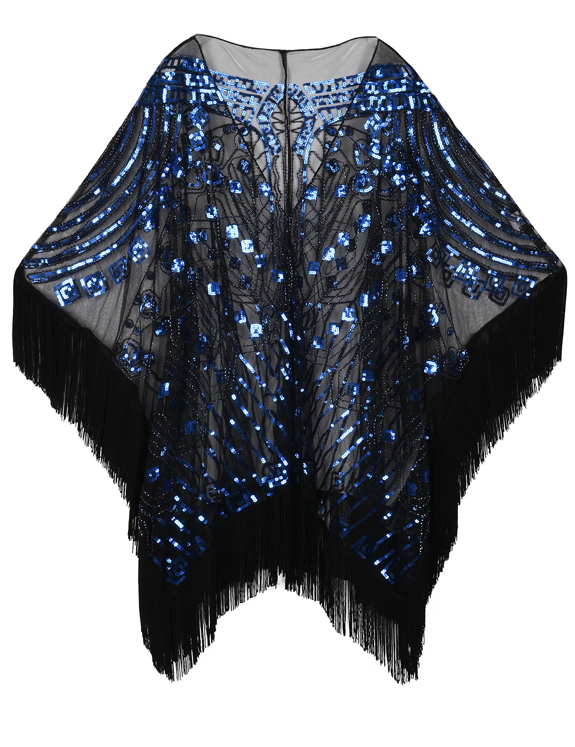 PrettyGuide Women's 1920s Shawl Beaded Evening Wrap Open Front Fringed Cape Black