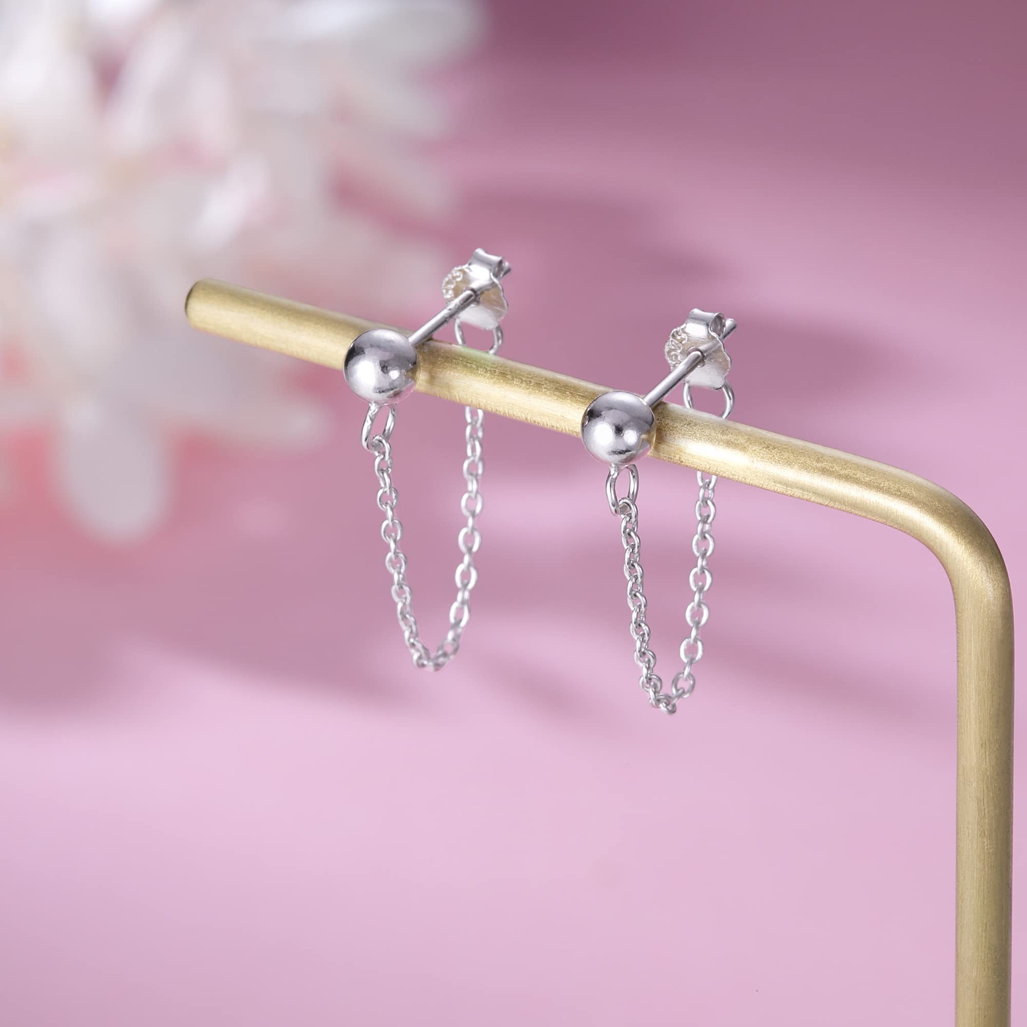 Reffeer Minimalist Ball Earrings with Chain Dangle Earrings for Women Teens Girls Dangle Earrings Studs Cute Solid 925 Sterling Silver Earrings(Silver)