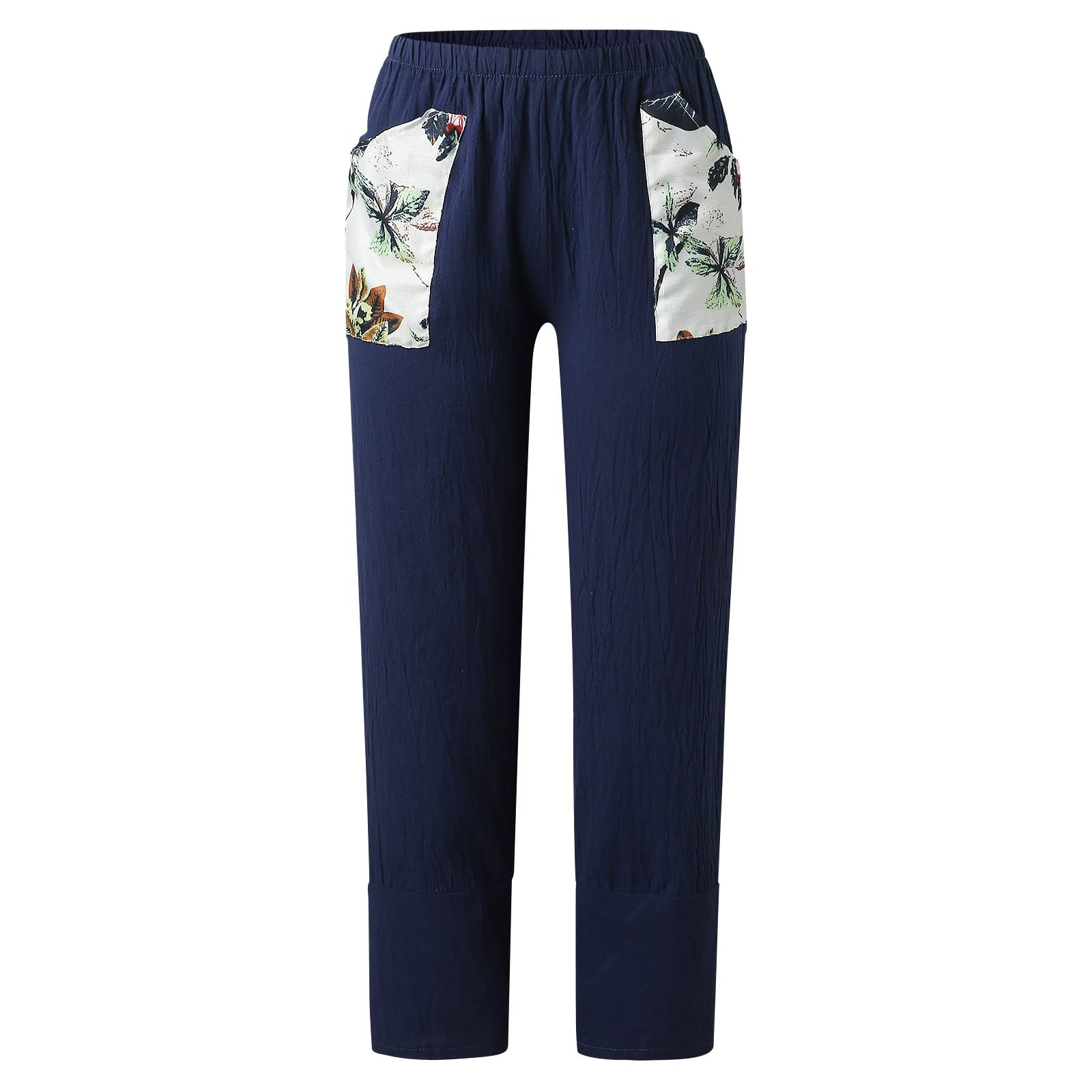 Womens Casual Printned Capri Pants Elastic Waist Summer Cropped Trousers with Pockets Plus Size Yoga (Dark Blue, L)