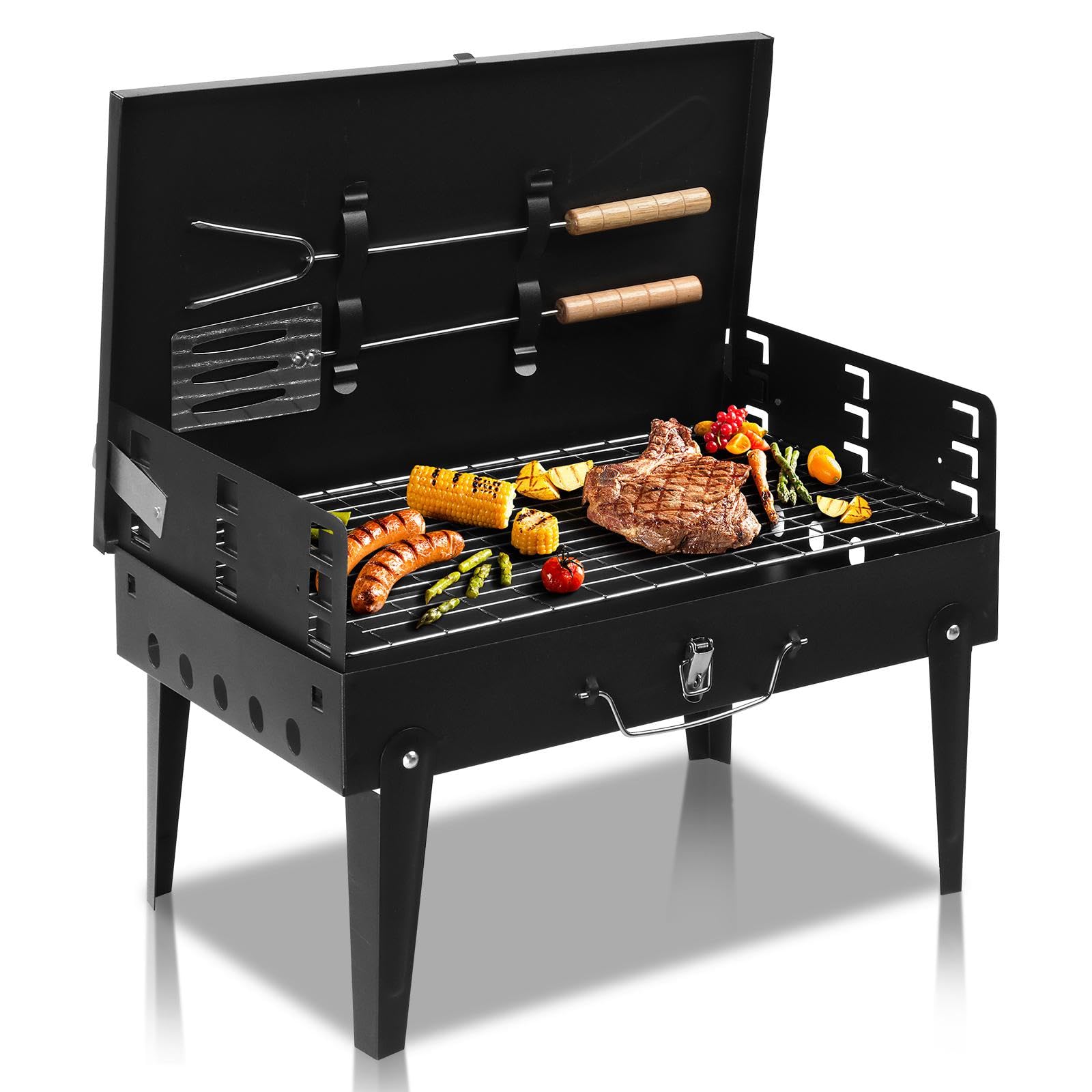 Portable Foldable Charcoal Grill,Small BBQ Grill Suitcase Square Covered Smoker Grill With Folding Legs & Lid,Lightweight Metal Outdoor Cooking Grill for Camping,Tailgating,Picnics,Black
