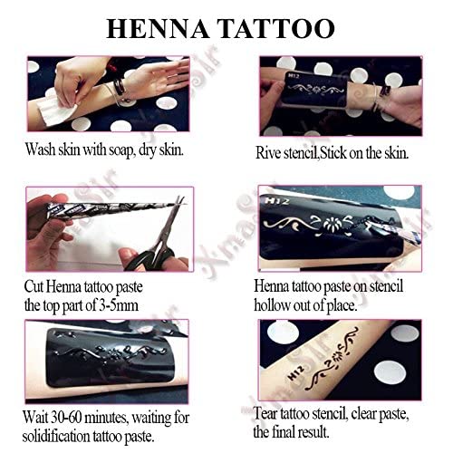 XMASIR 16 Sheets Temporary Henna Tattoo Kit, Reusable Tattoo Stencils Sets Indian Arabian Temporary Tattoo Templates Kit for Body Hand Art