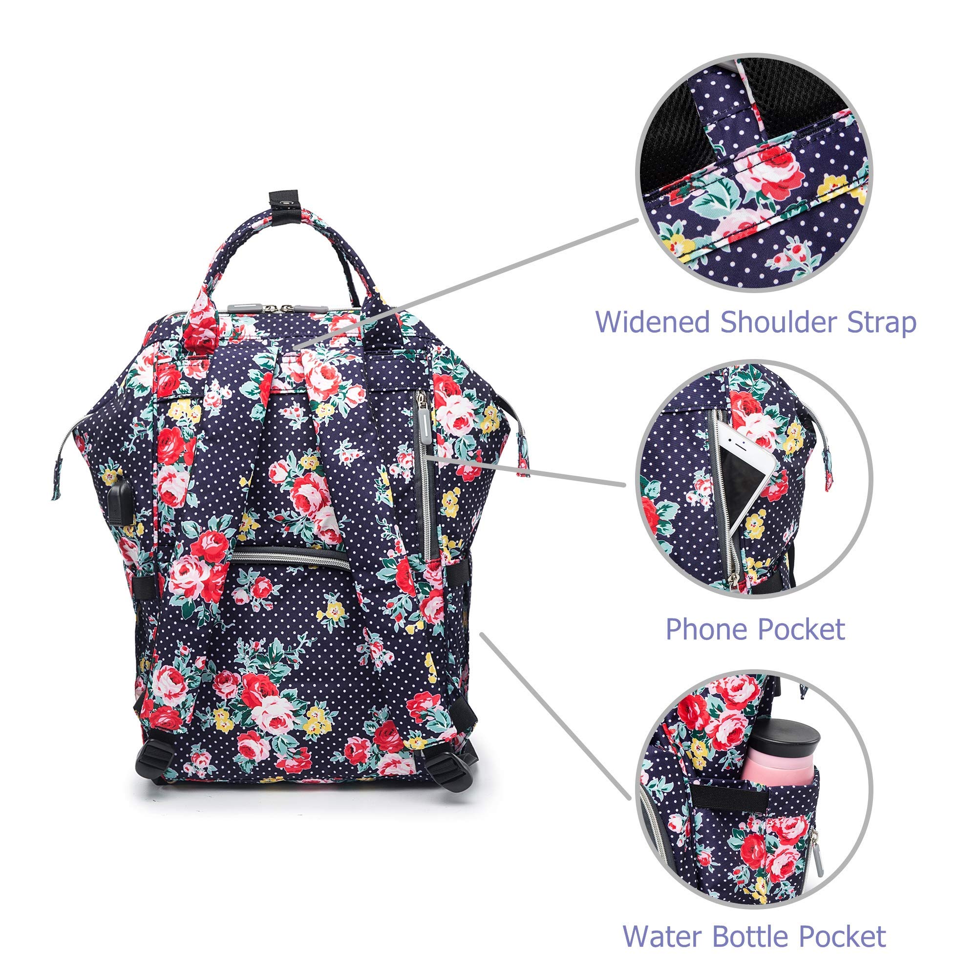 ROYALFAIR Diaper Bag Backpack Large Capacity Mummy Bag For Baby Care With Stroller Straps in Flower Pattern