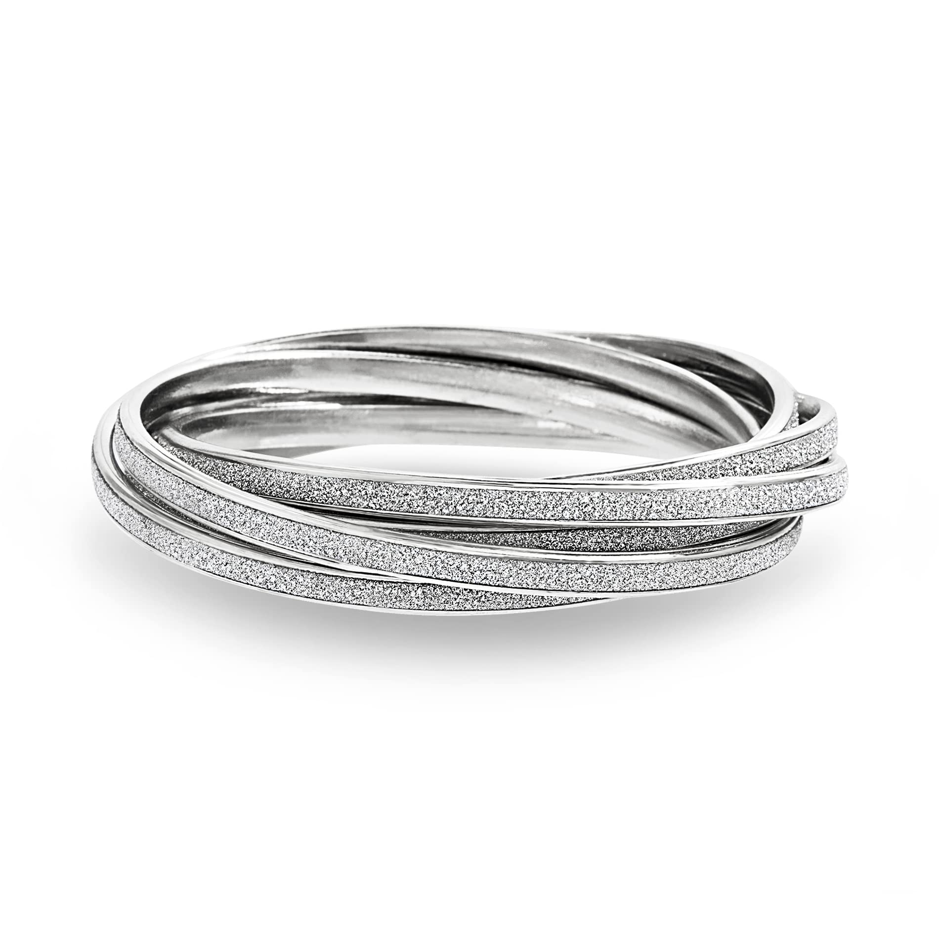 Steve Madden Silver Toned Glitter Design Interlocking Bangle Bracelet For Women (White)