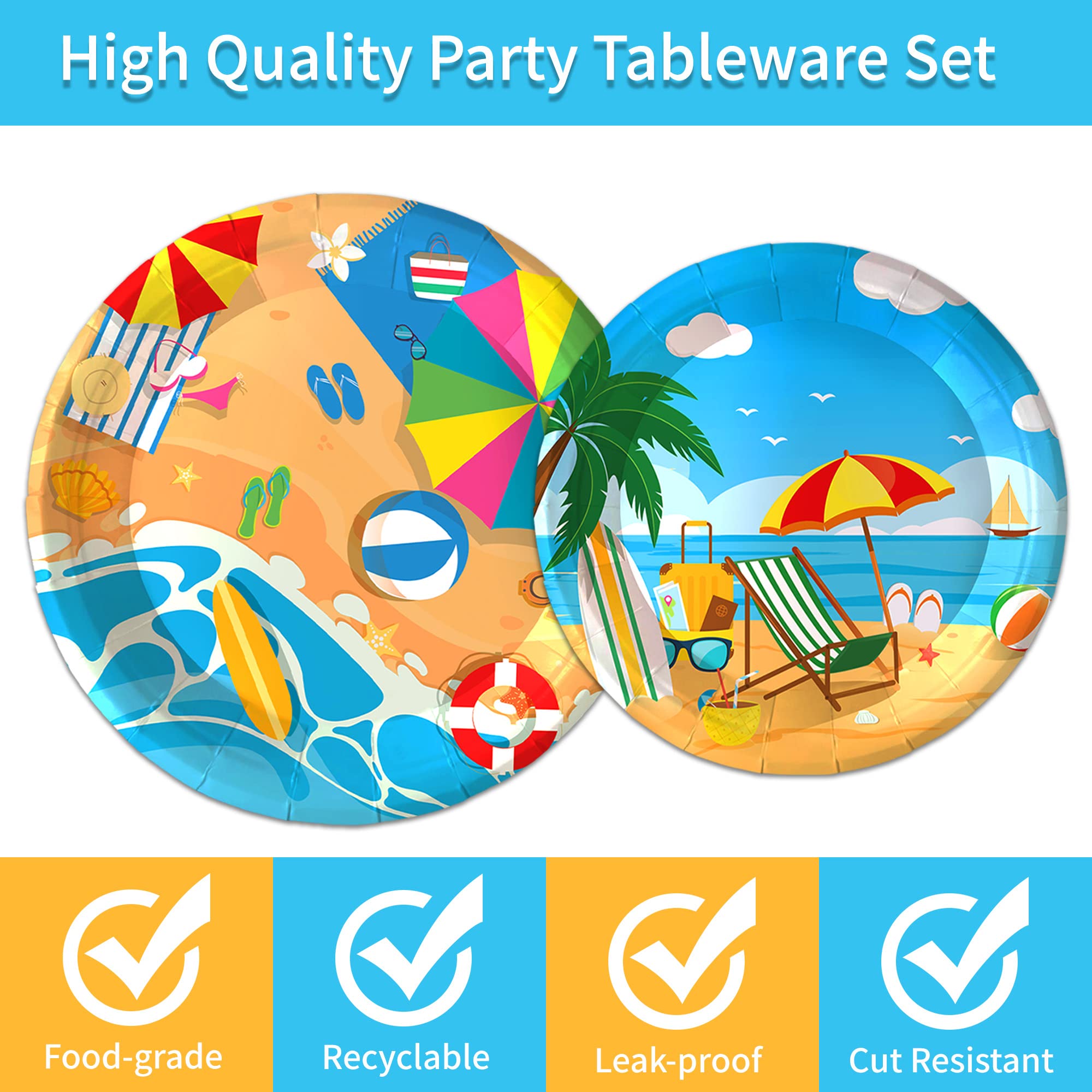 Oigco 96PCS Beach Party Supplies Summer Pool Plates Napkins Cups Tableware Set for Beach Birthday Party Decorations 24 Guests