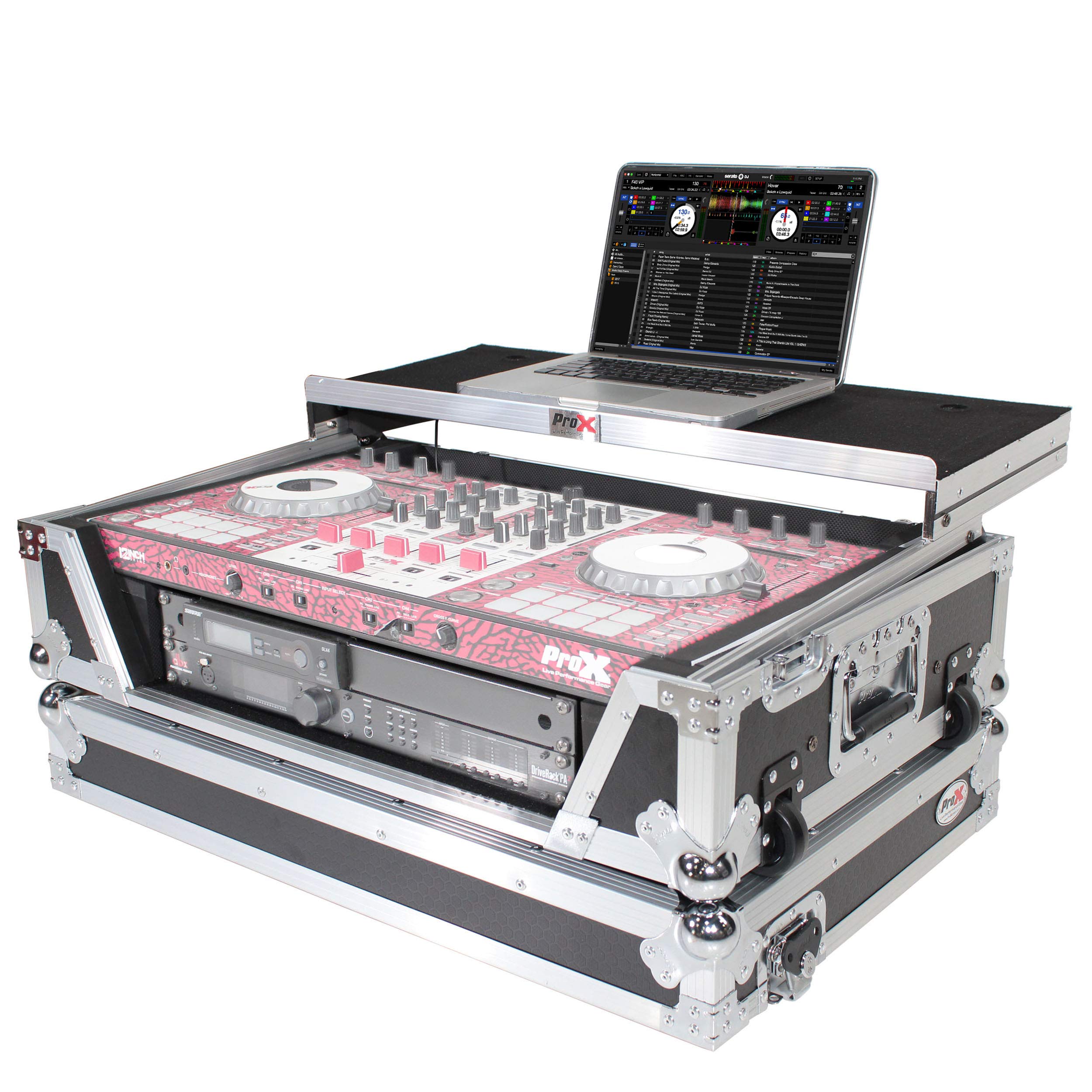 ProX Flight Case for Pioneer DDJSX3 DDJ-1000 SRT Controller with 2U Rack Space, Sliding Laptop Shelf,Wheels and LED Kit-Silver on Black Design - XS-SX1K2UWLTLED