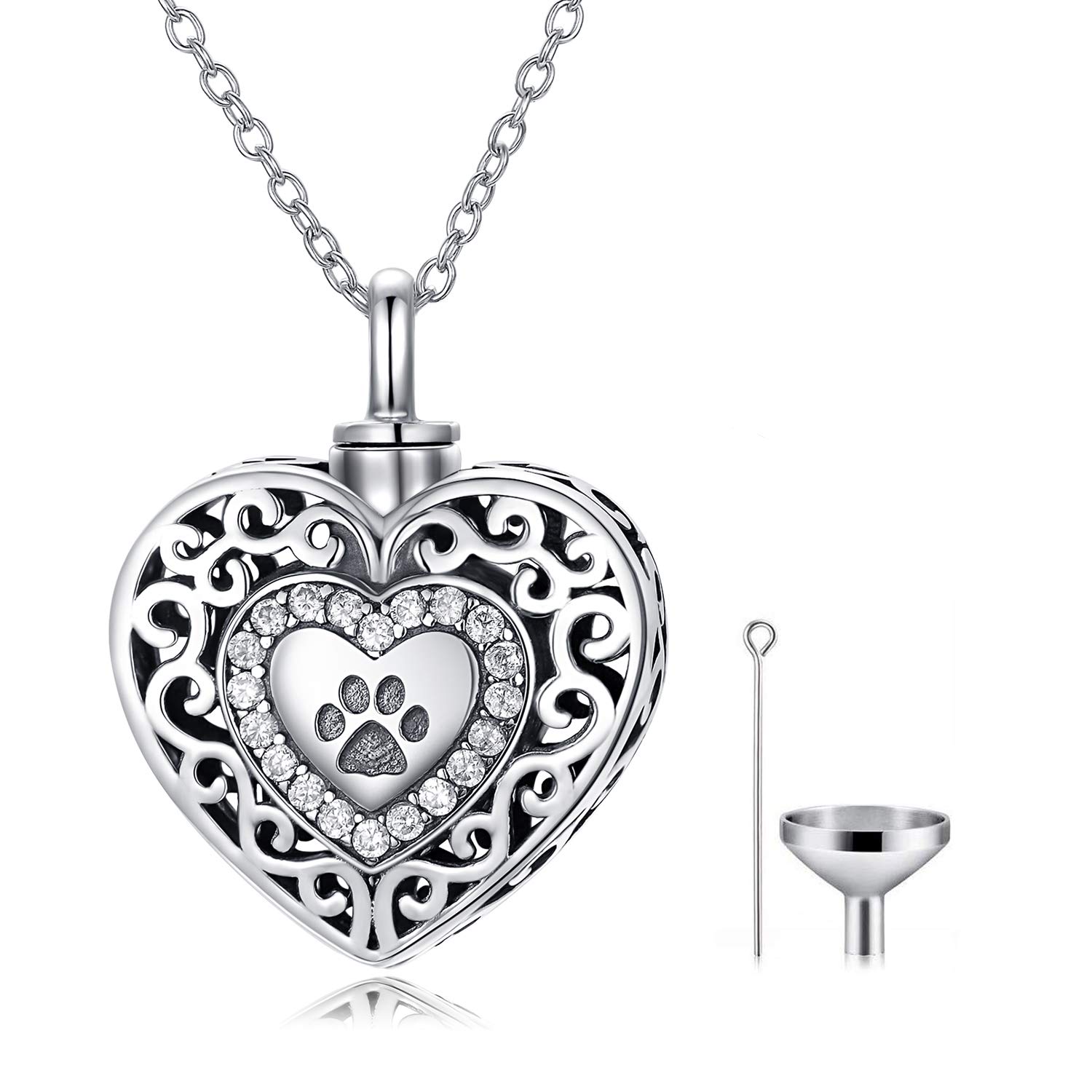 PEIMKO 925 Sterling Silver Filigree Dog Paw Print Pet Urn Necklace for Ashes Cremation Jewelry Forever in My Heart Keepsakes Memorial Necklaces Meaningful Gifts