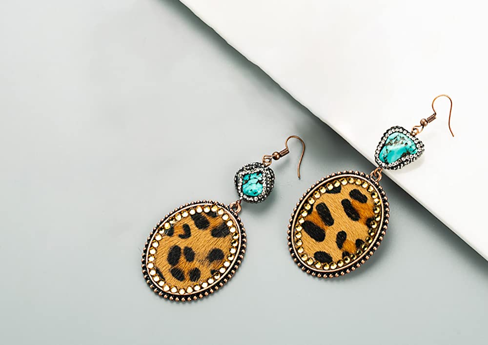 Vintage Leopard Print Dangle Earrings for Women AB Crystal Geometric Irregular Turquoise Stone Faux Leather Statement Drop Stud Earring Retro Birthday Party Jewelry Gifts (Gold)
