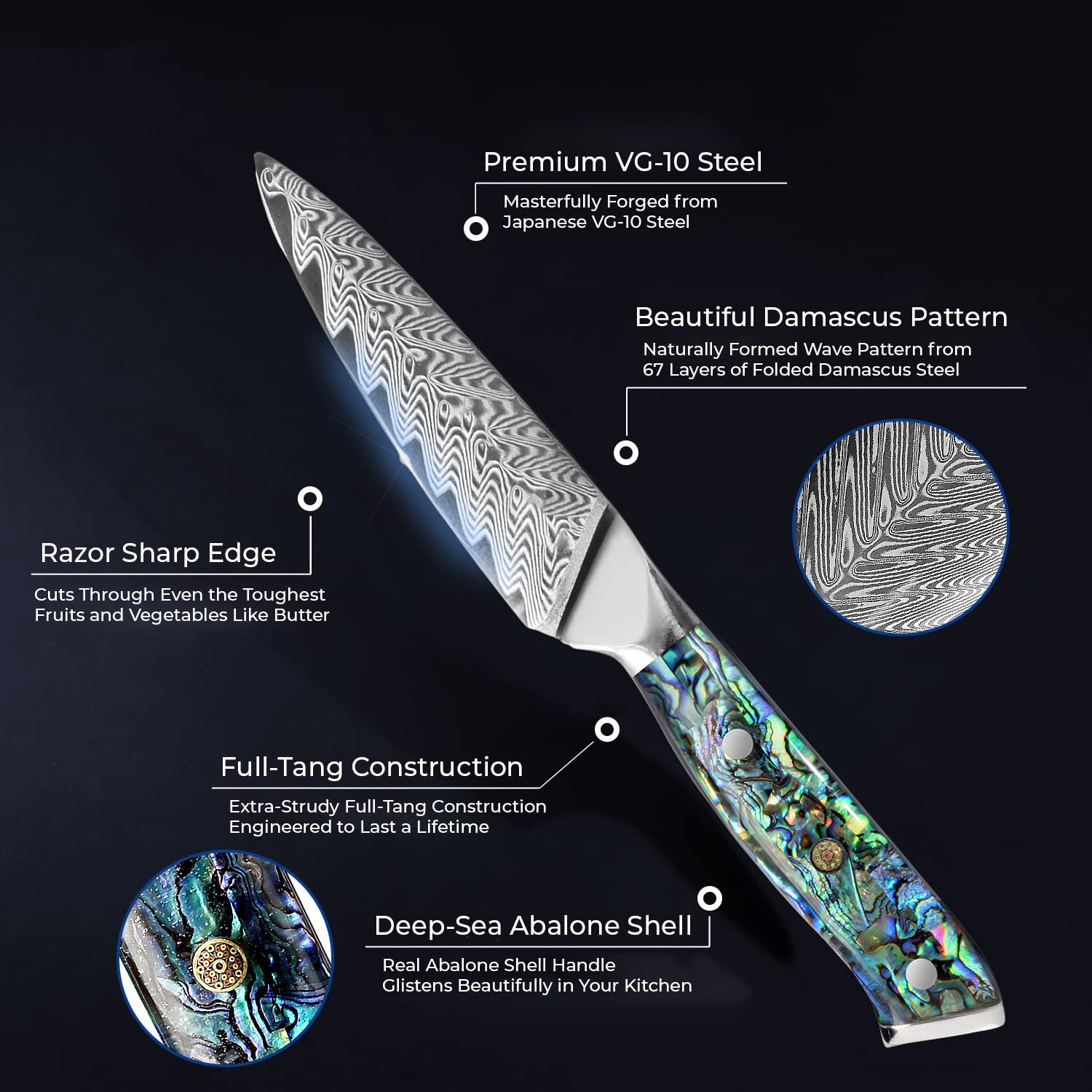 SENKEN Damascus Steel 3.5" Paring Knife with Real Deep-Sea Abalone Shell Handle - Damascus Peeling Knife - 67-Layer Japanese VG10 Forged Steel Blade, Integrated Full-Tang Molding (3.5" Paring Knife)