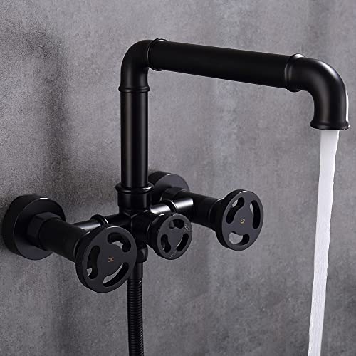 Yawhite Modern Industrial Pipe Wall Mounted Bathtub Filler Faucet with Hand Shower ,3-Handle Tub Faucet Swivel Spout Kit,High Pressure Rough in Valve Solid Brass Black