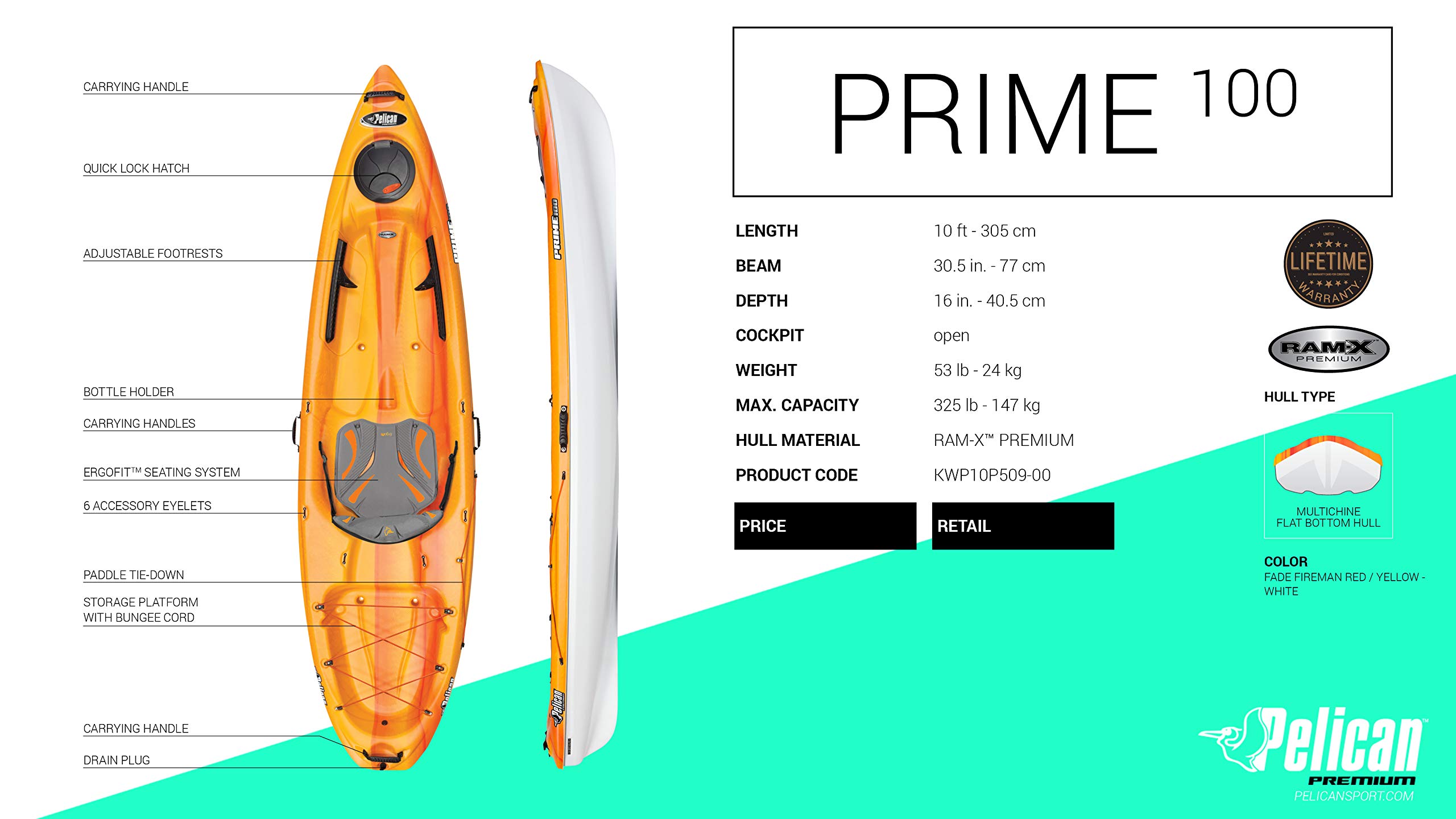 Pelican - Prime 100 Recreational Kayak - Sit-on-Top - Lightweight one Person Kayak - 10 ft