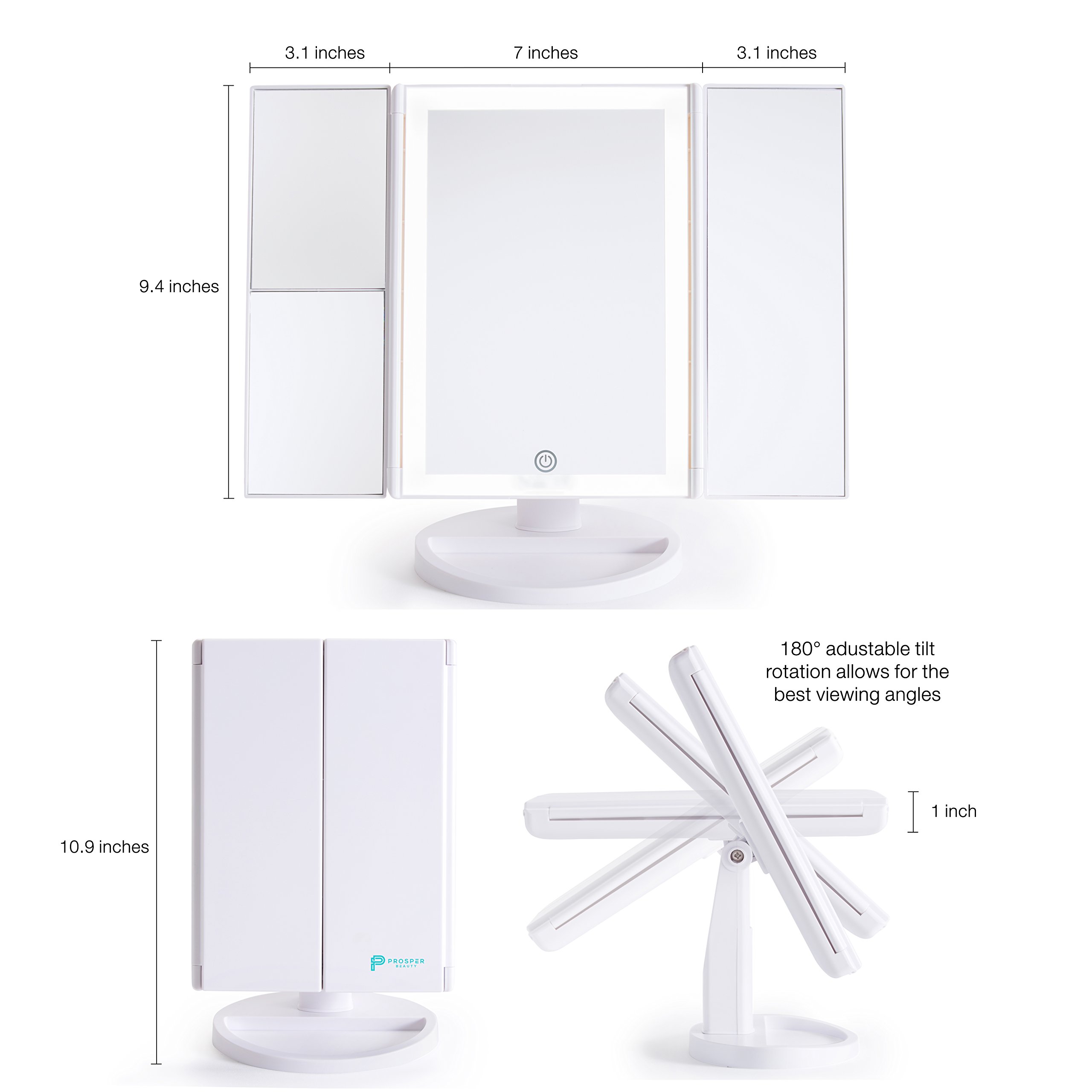 Prosper Beauty Lighted Makeup Mirror Vanity [LIT by 36 LED Lights Bright Natural Beauty Cosmetic Travel Trifold 1x/2x/3x Magnification USB Charging 180 Degree Adjustable Stand (Rose Gold)
