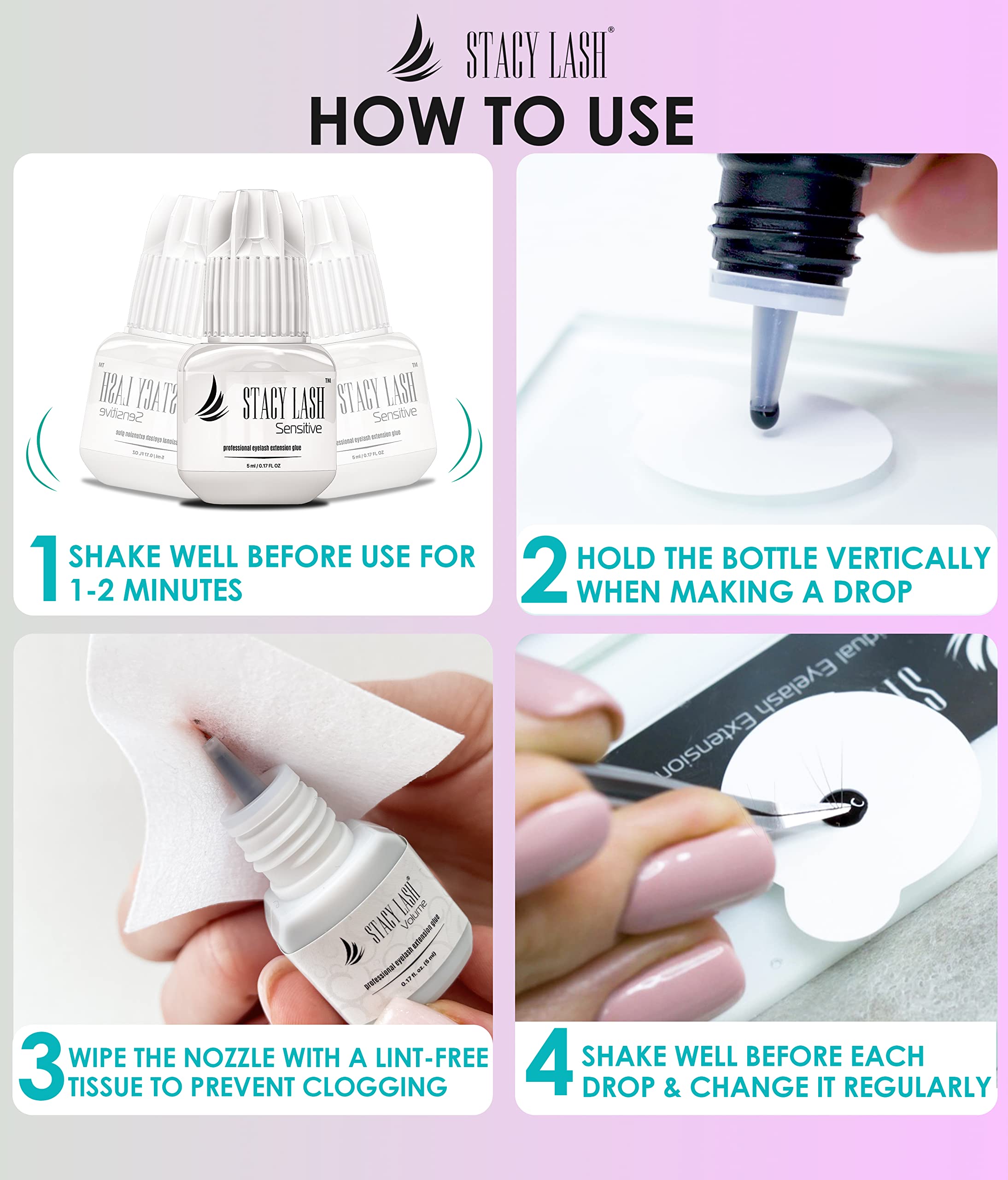 Sensitive Eyelash Extension Glue Stacy Lash 0.34fl.oz/10ml / 5-6 Sec Drying time/Retention – 4-5 Weeks/Black Adhesive/Professional Supplies