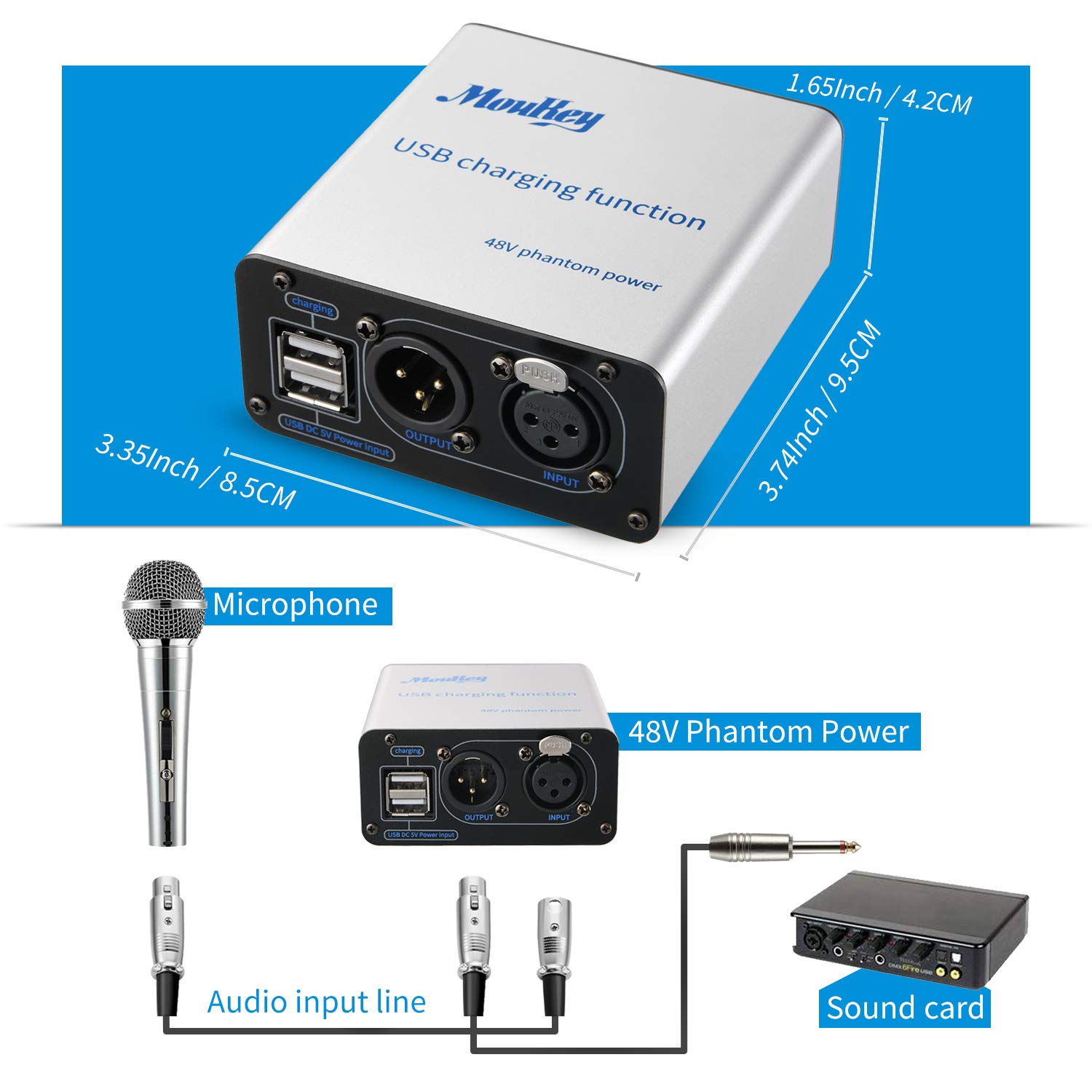 Phantom Power Supply,Moukey 1-Channel 48V with Adapter New USB Charging Capability, 10 Feet XLR Cable and Adapter for Any Condenser Microphone Music Recording Device-New Version
