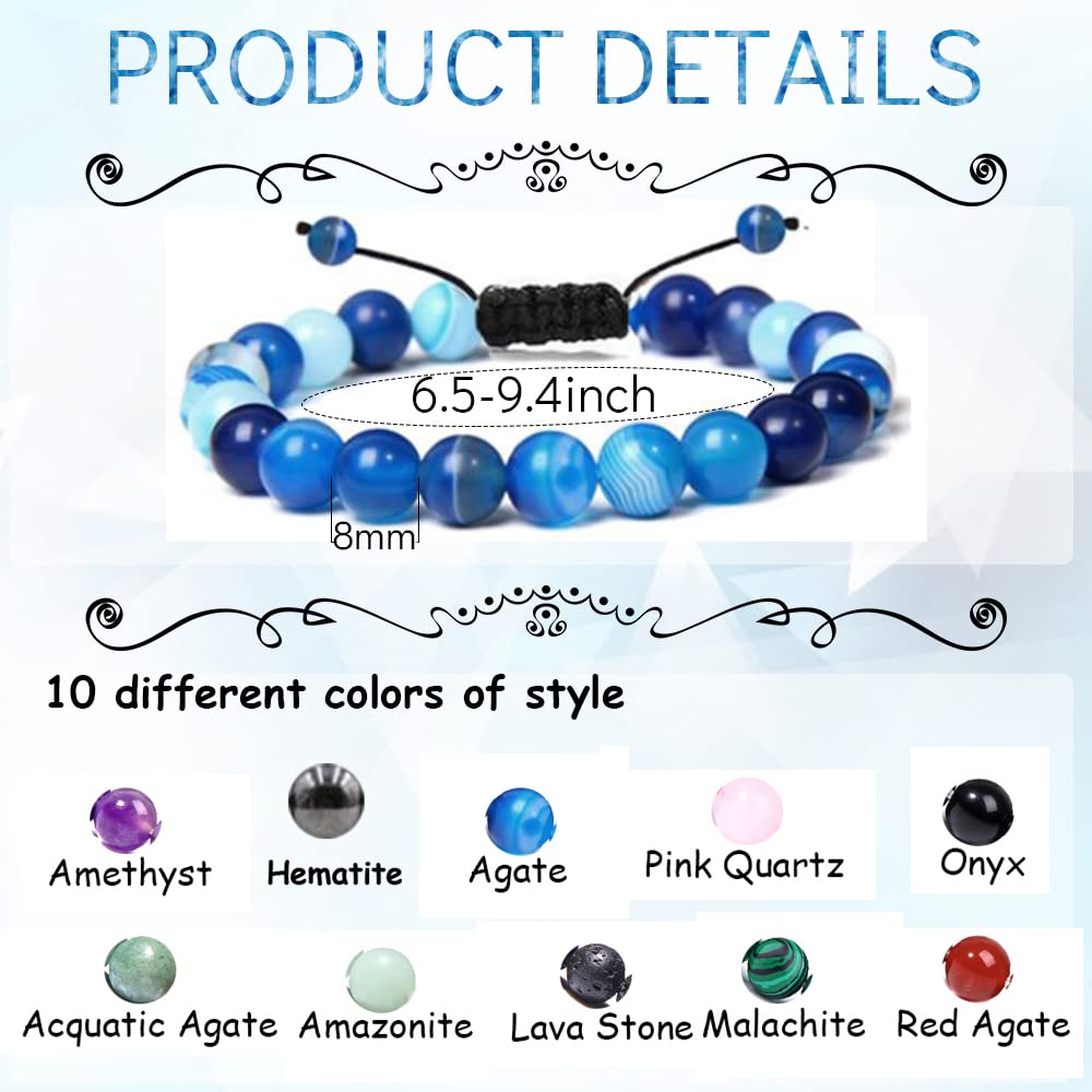 WAINIS 10PCS 8mm Gemstone Beaded Bracelets for Men Women Healing Stretch Bead Bracelets Set Adjustable Crystal Semi-precious Bracelets Unisex