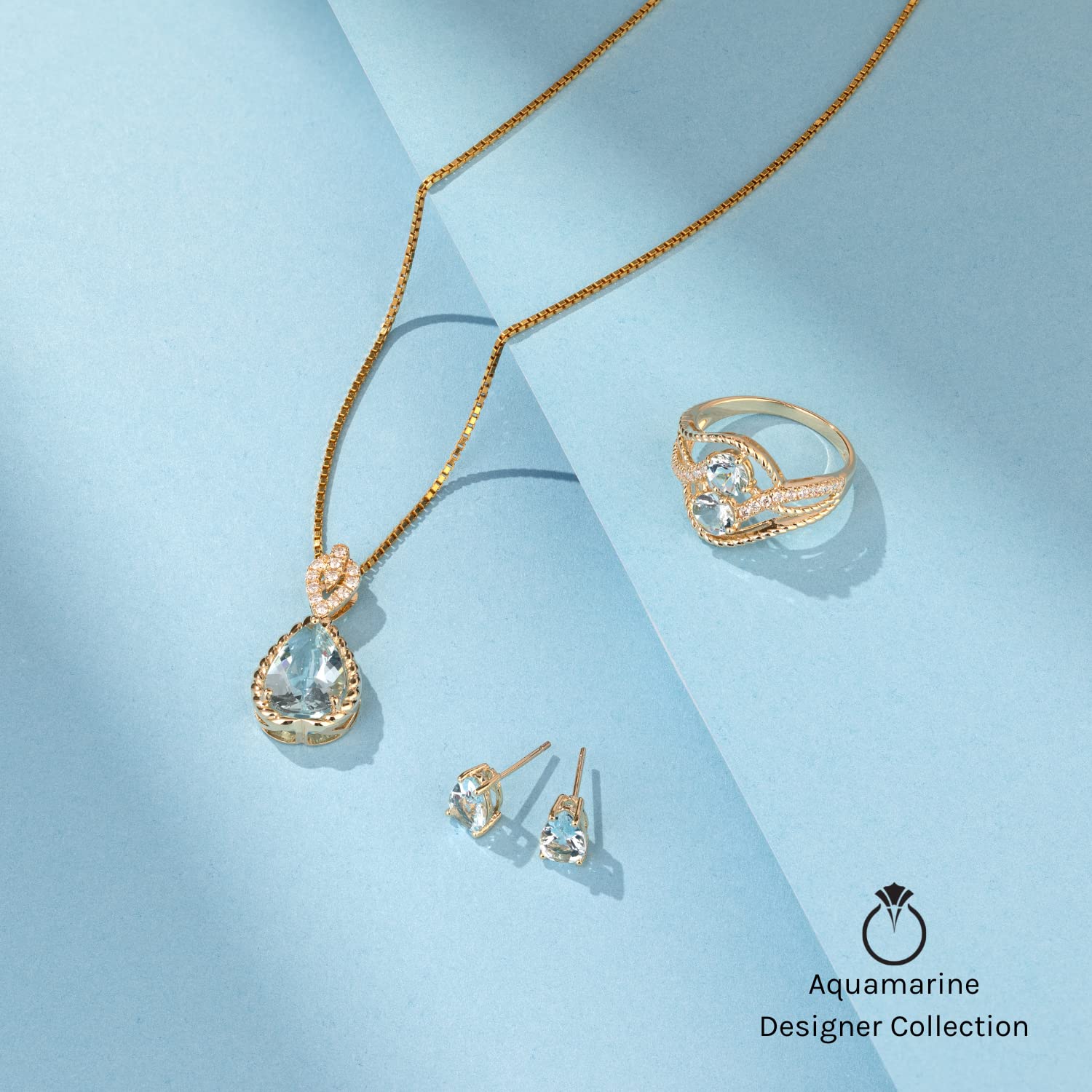 PEORA Solid 14K Yellow Gold Aquamarine with Diamonds Pendant for Women, Genuine Gemstone Birthstone Dainty Teardrop Solitaire, Pear Shape, 7x5mm