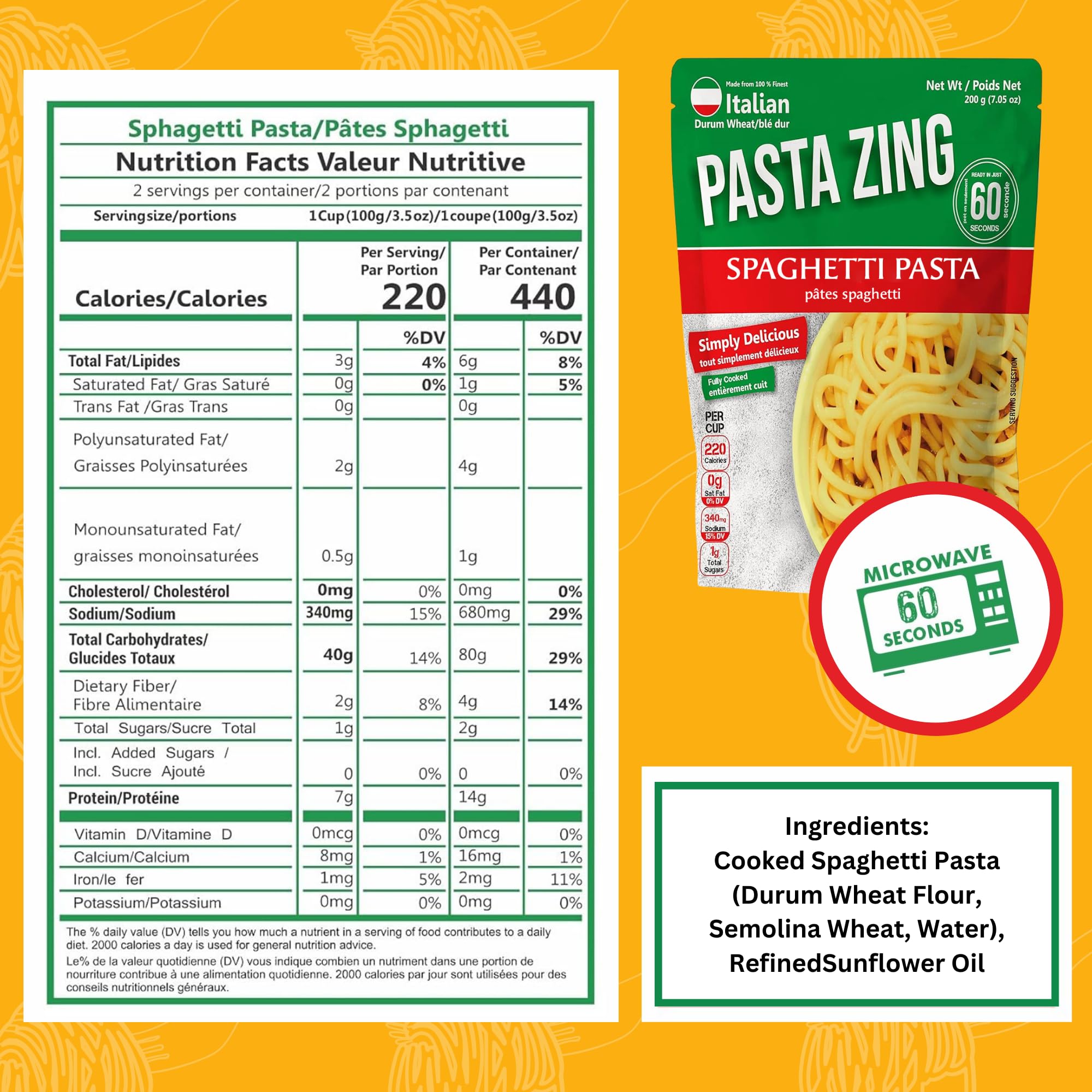Pasta Zing Spaghetti Pasta Pack of 7, 7.05 Ounce, | Ready To Eat in 60 Sec | Pasta -100% Italian Durum Wheat | Natural Ingredients | Pre Made Meals Ready to Eat Fresh