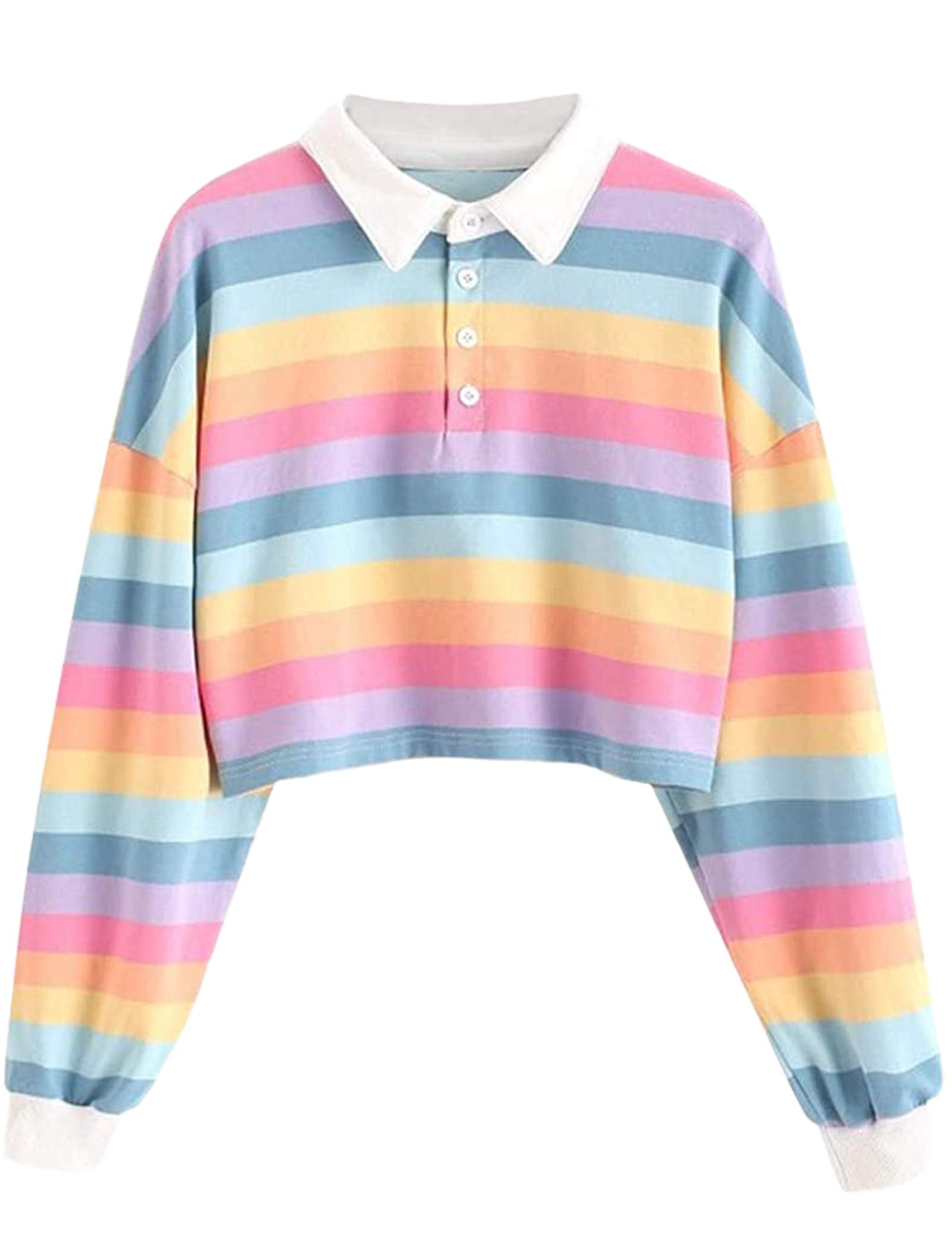 Remidoo Women's Collared Half Button Long Sleeve Striped Crop Top Sweatshirt Pink Small