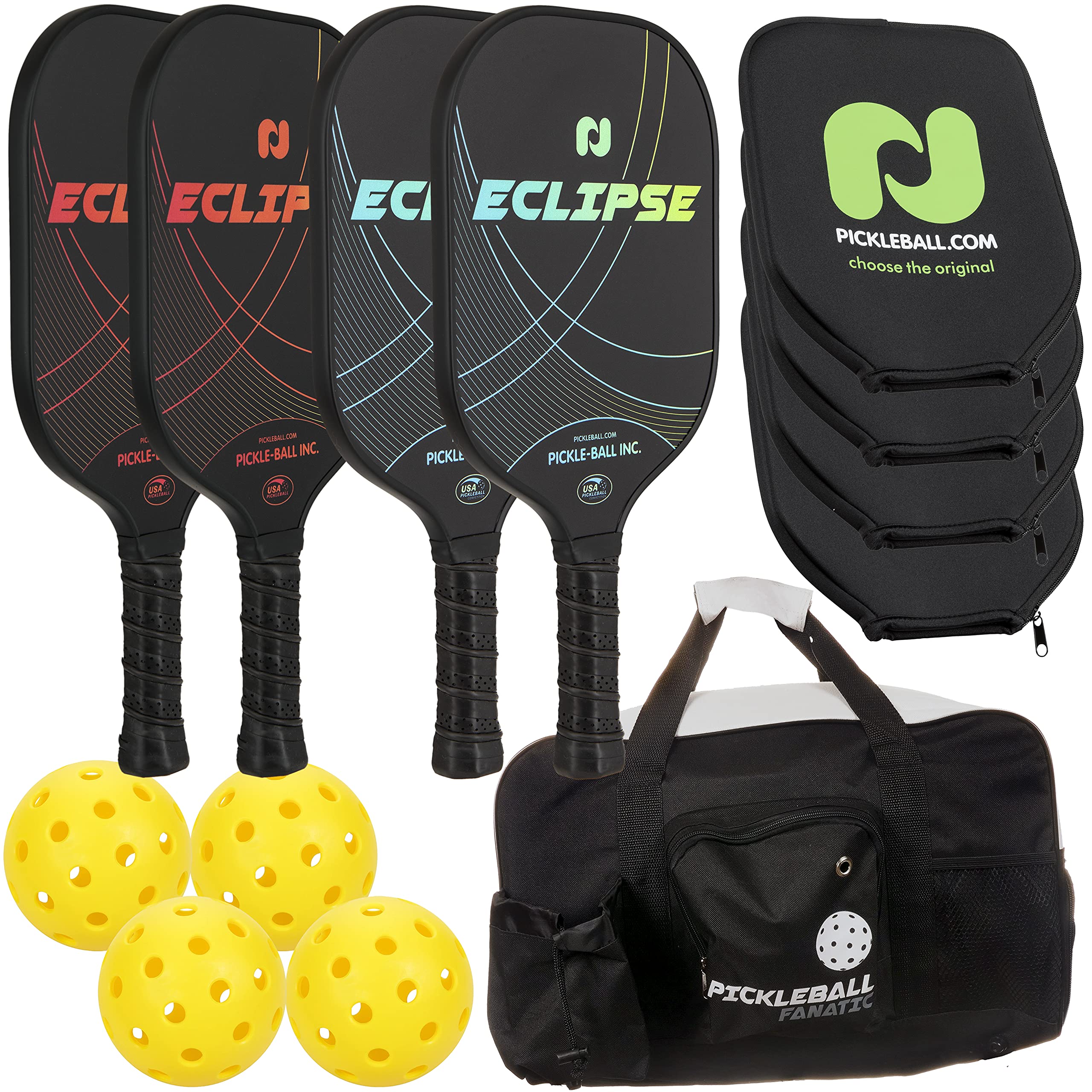 Pickle-Ball Eclipse Graphite Pickleball Paddle Set | Includes 4 Paddles + 4 Outdoor Pickleballs + 4 Paddle Covers + Pickleball Duffel Bag