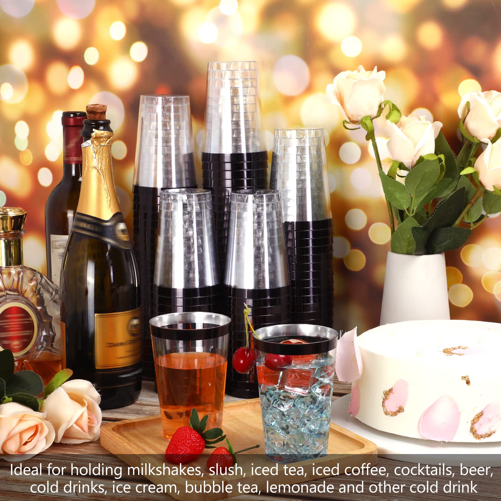 Patelai 100 Pcs 12oz Plastic Cups Disposable Cups 12 oz Plastic Glasses Clear Plastic Tumblers with Rim for Birthday Wedding Party Elegant Wine Coffee Cocktail Cups(Pink)