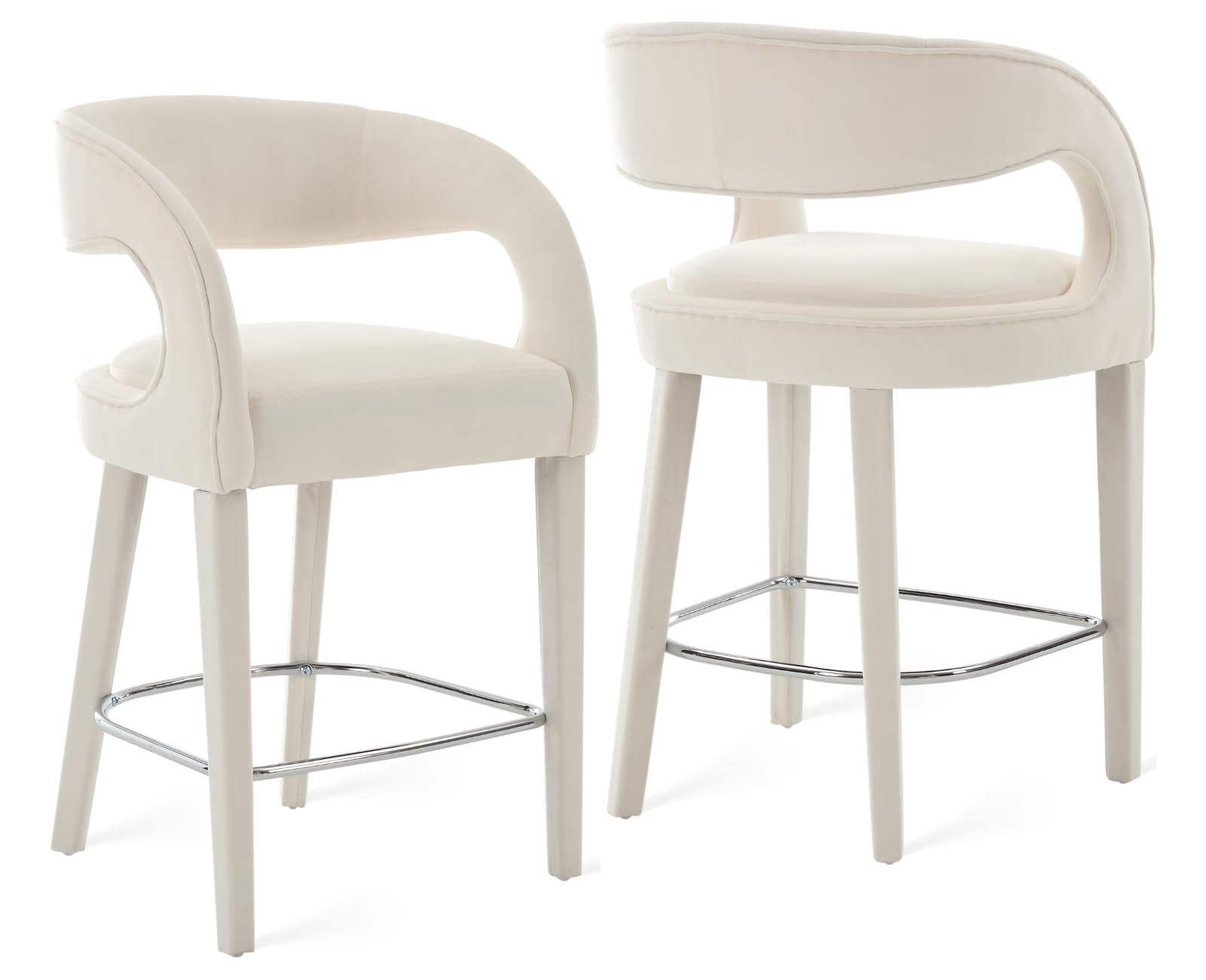 Shunzhi Modern Velvet Counter Height Bar Stools Set of 2 Upholstered Barstools with Barrel Back/Footrest, 26 inch Counter Stools Comfy Kitchen Island Stools Bar Chairs for Home Bar/Pub, Cream