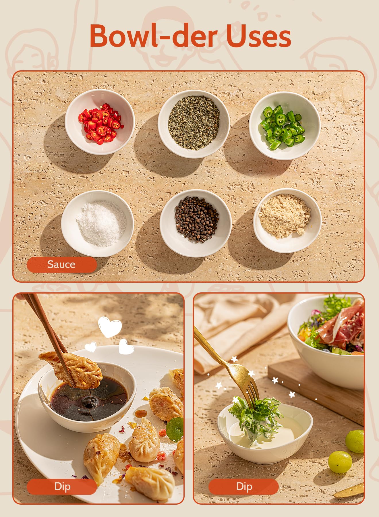 Sweese 4 Inch Porcelain Small 4 oz Bowls for Sauce | Charcuterie | Dipping | Snack | Condiment | Side Dishes Set of 6 - Microwave, Dishwasher and Oven Safe - White