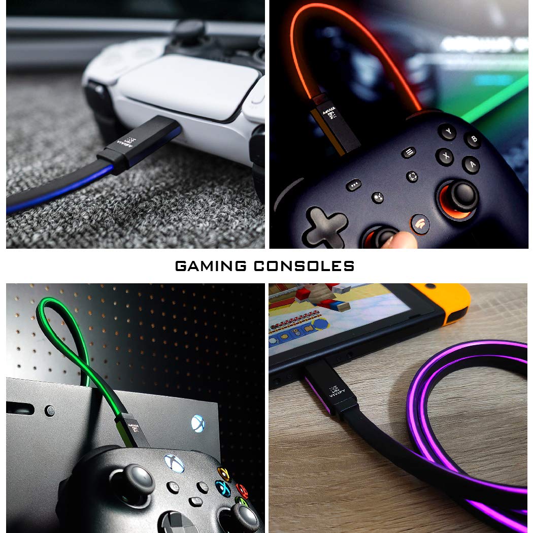 VIVIFY ACESO W10 RGB Led Gaming Light up Type C USB 3.1 3.2 Gen 2 Quick Charge 3 QC3 10 Gbps Car Mobile Cable Orange 3.2ft